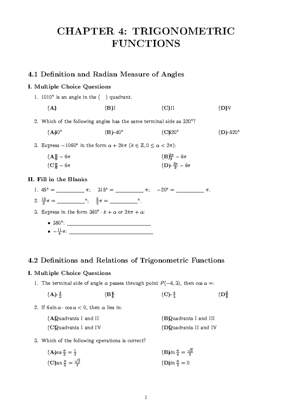 CHAPTER 4: TRIGONOMETRIC FUNCTIONS MCQs & Fill in the Blanks - Studocu