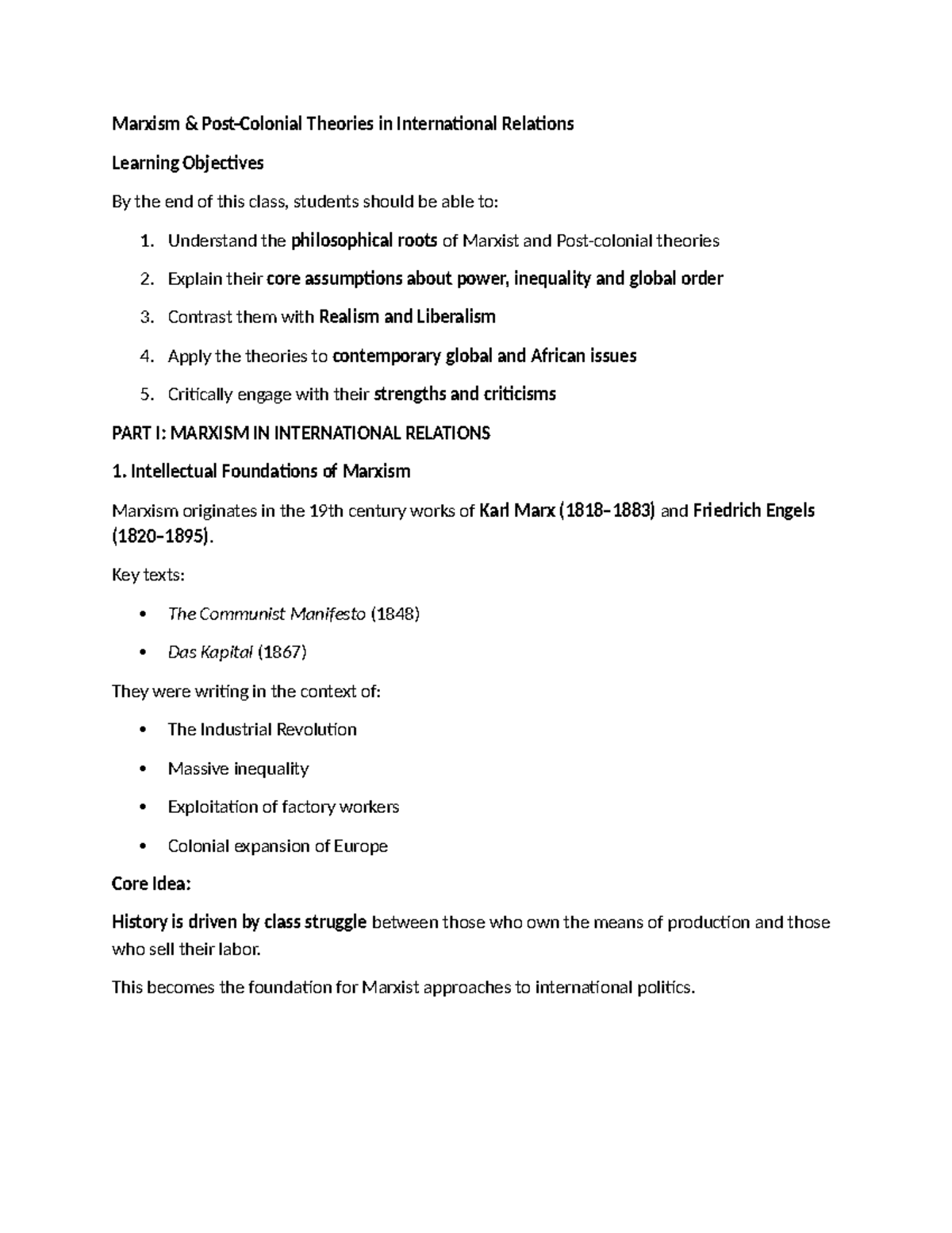 Marxism & Post-Colonial Theories in International Relations (IR 101 ...