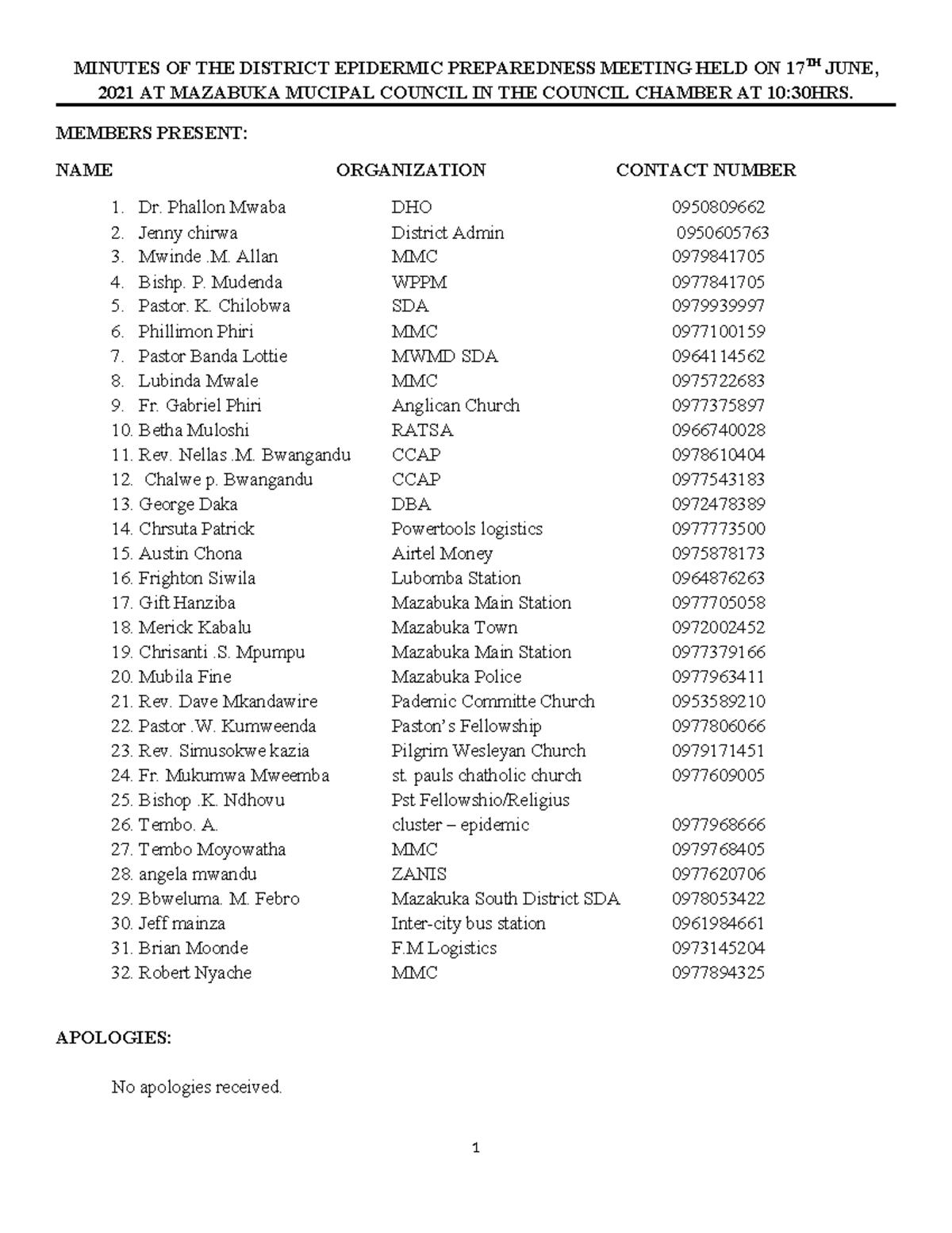 Minutes of the District Epidemic Preparedness Meeting - Mazabuka M ...