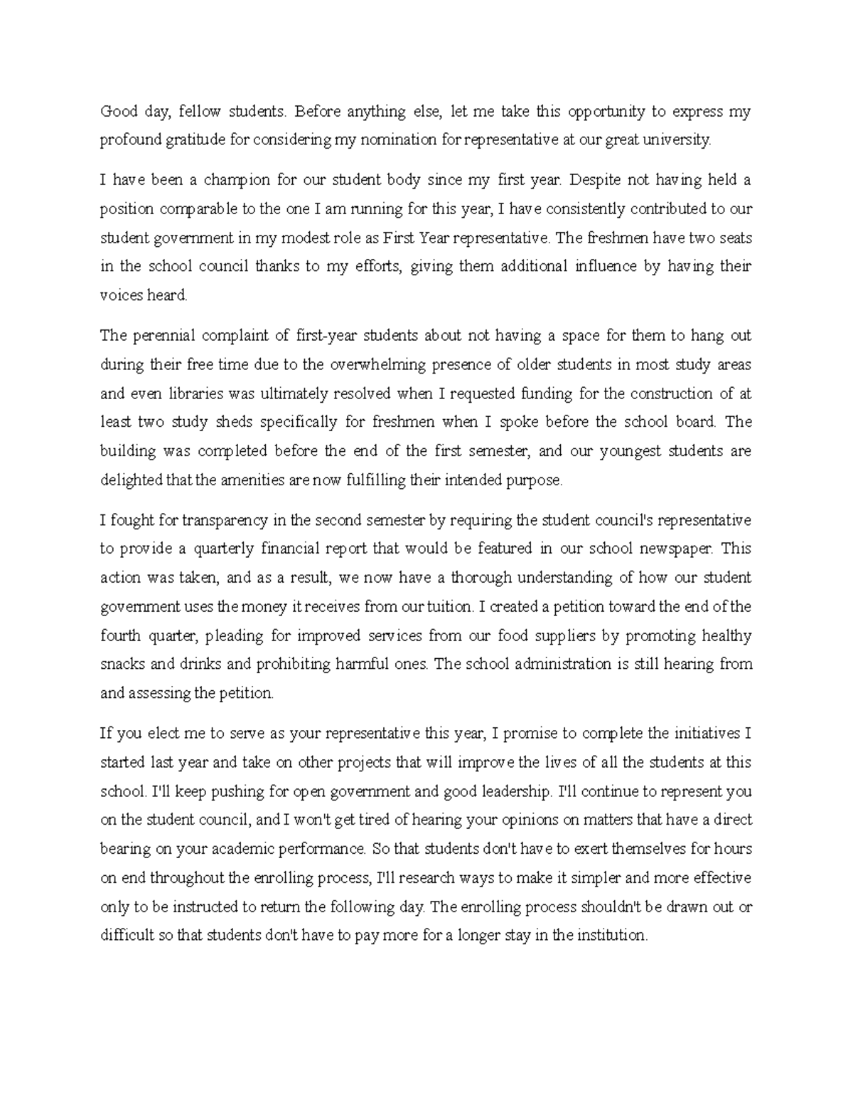 Election Campaign Speech for Student Representative 2023 - Studocu