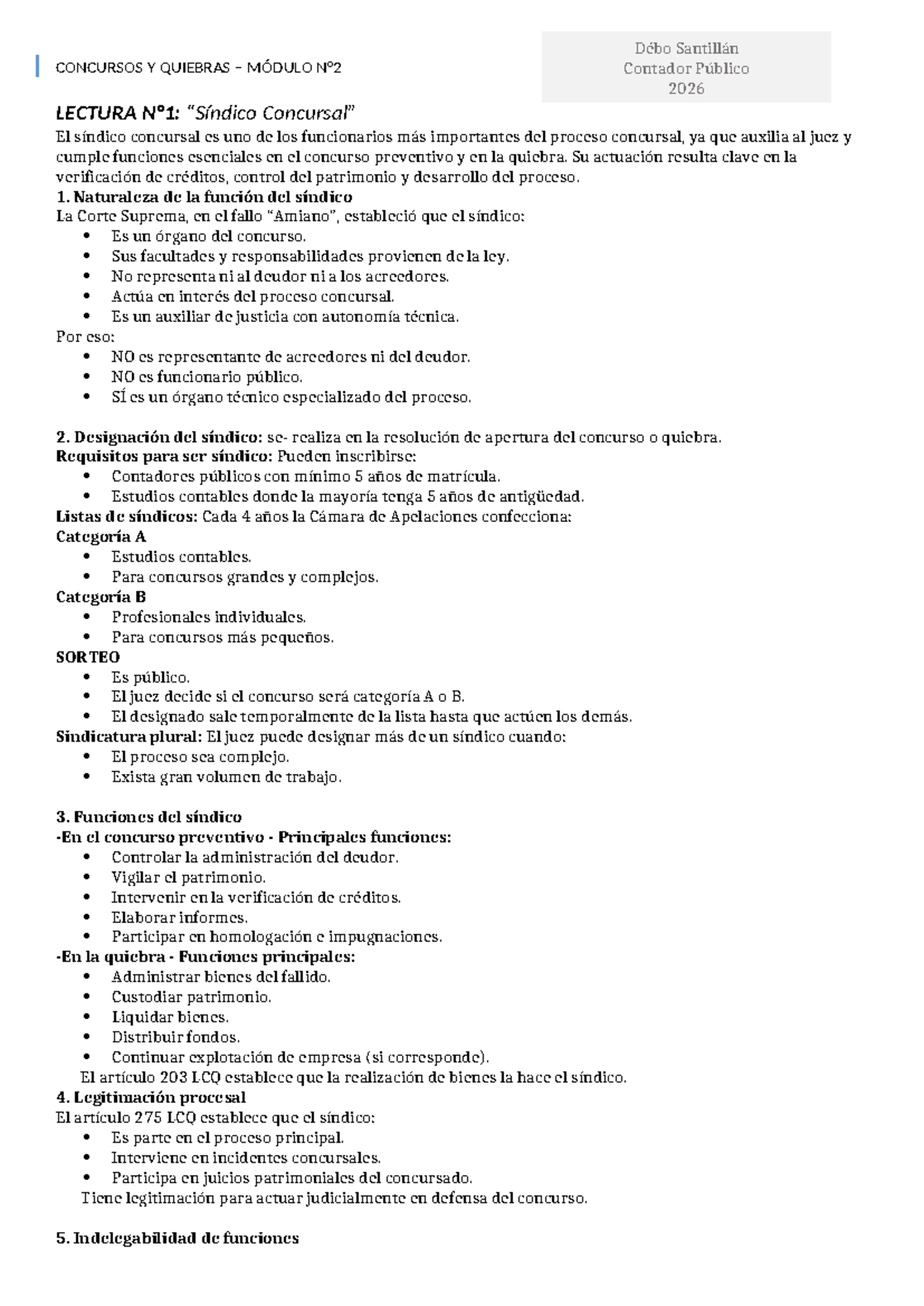 Concursos y Quiebras Módulo 2: Resumen de Funciones del Síndico - Studocu