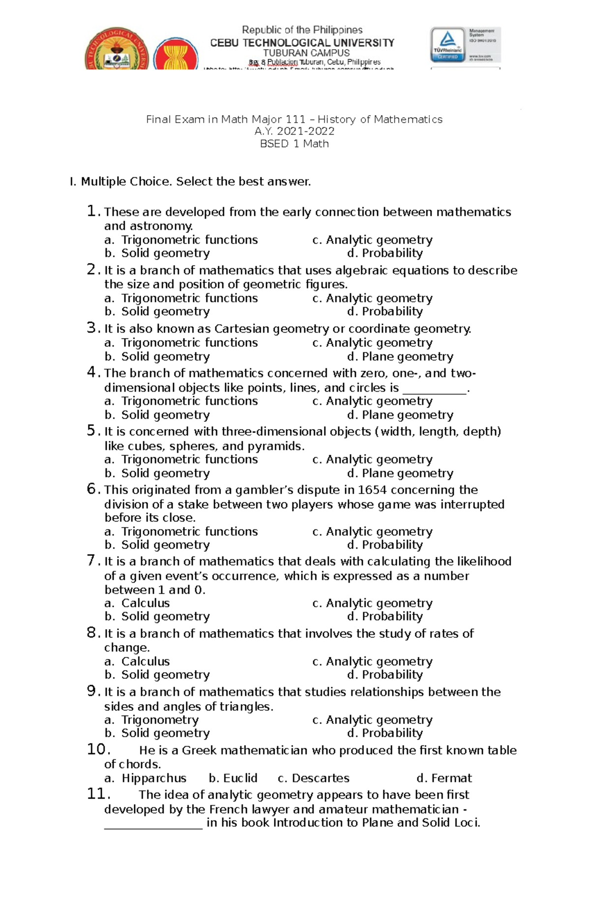 Final Exam Review For Math Maj 111 History Of Mathematics 2021 Studocu