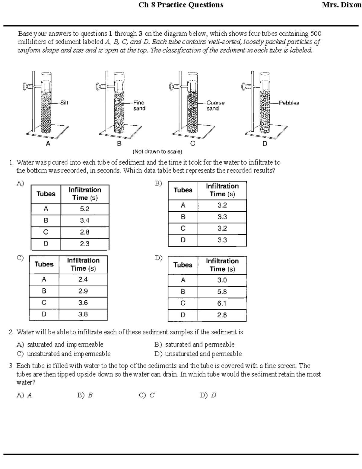 Ch 8 Practice Questions on Sediment, Permeability, and Water Cycle ...