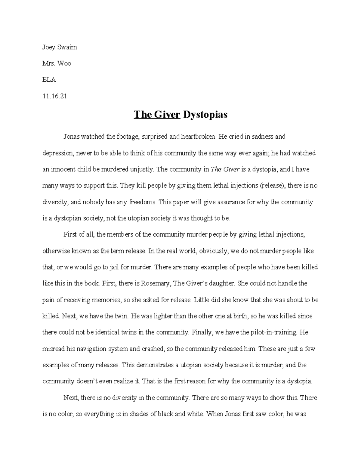 ELA 11 The Giver: Analyzing Dystopian Elements in the Community - Studocu