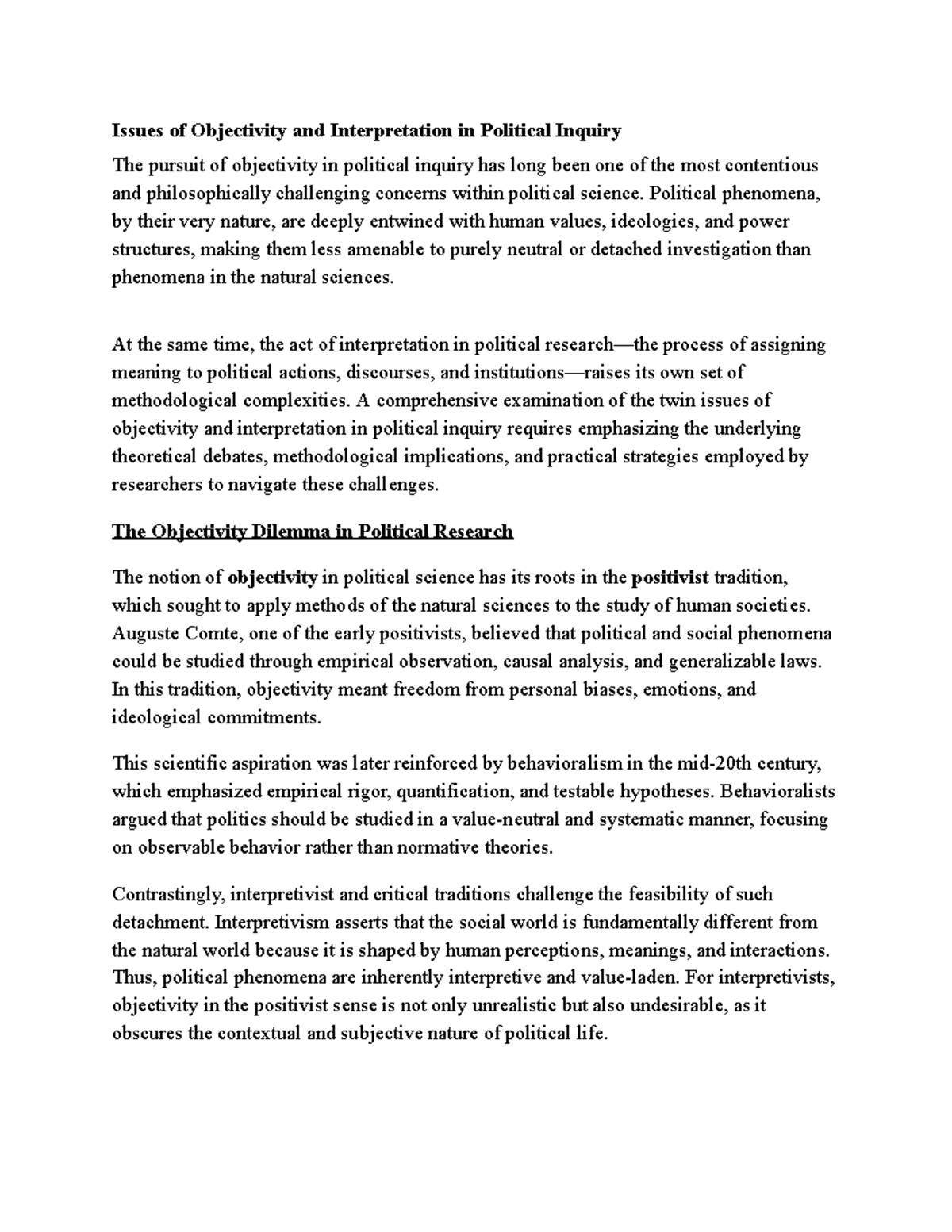 Issues of Objectivity and Interpretation in Political Inquiry - Final ...