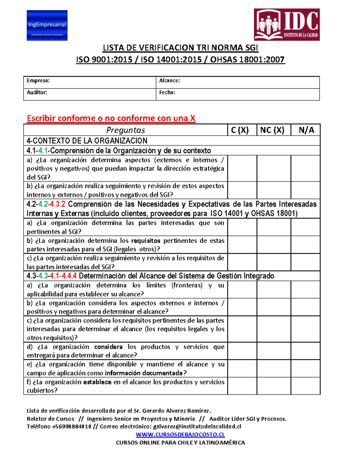 Lista de Verificación para la Norma ISO 9001/14001/18001 - Rev 00 - Studocu