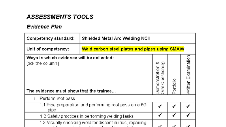 Welding Assessment Tools: SMAW Evidence Plan for NCII - Studocu