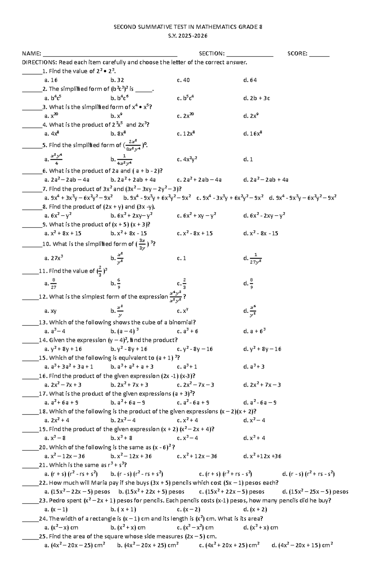 Second Summative Test in Mathematics Grade 8 S.Y. - Studocu