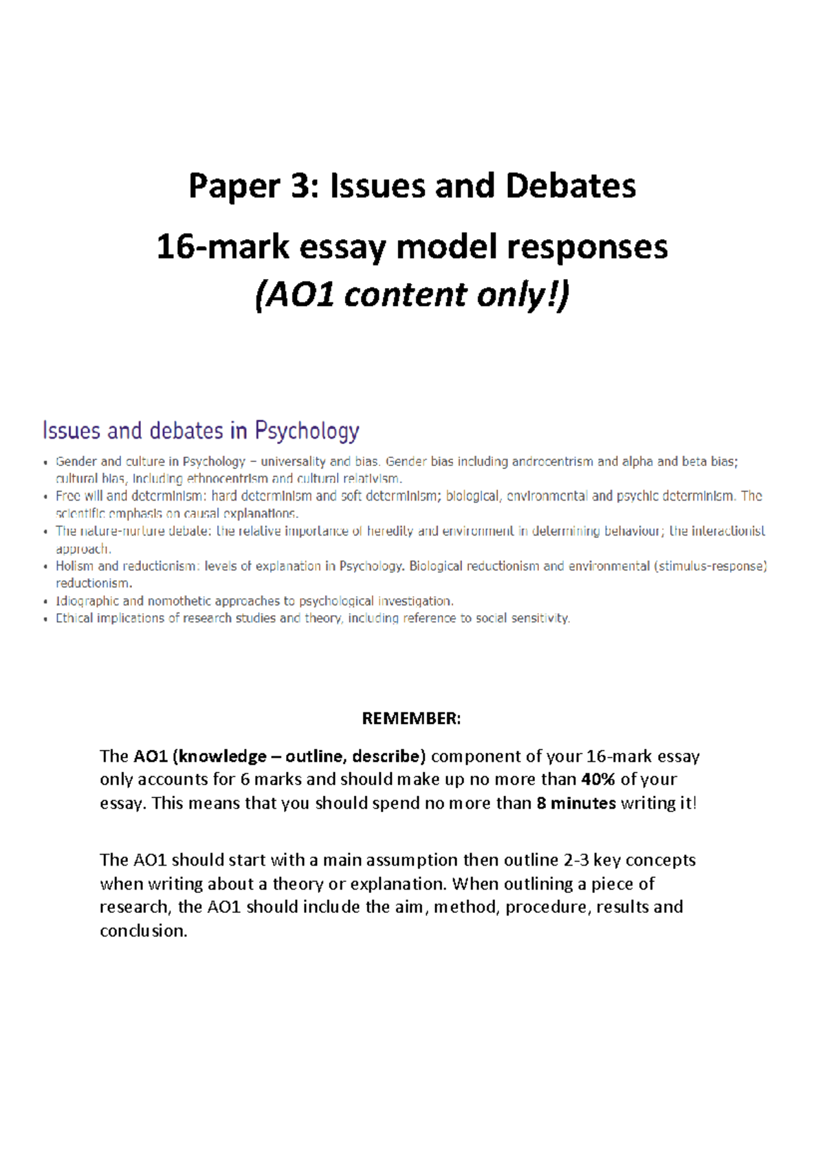 Issues and Debates in Psychology - AO1 Model Answers (16-mark Essays ...