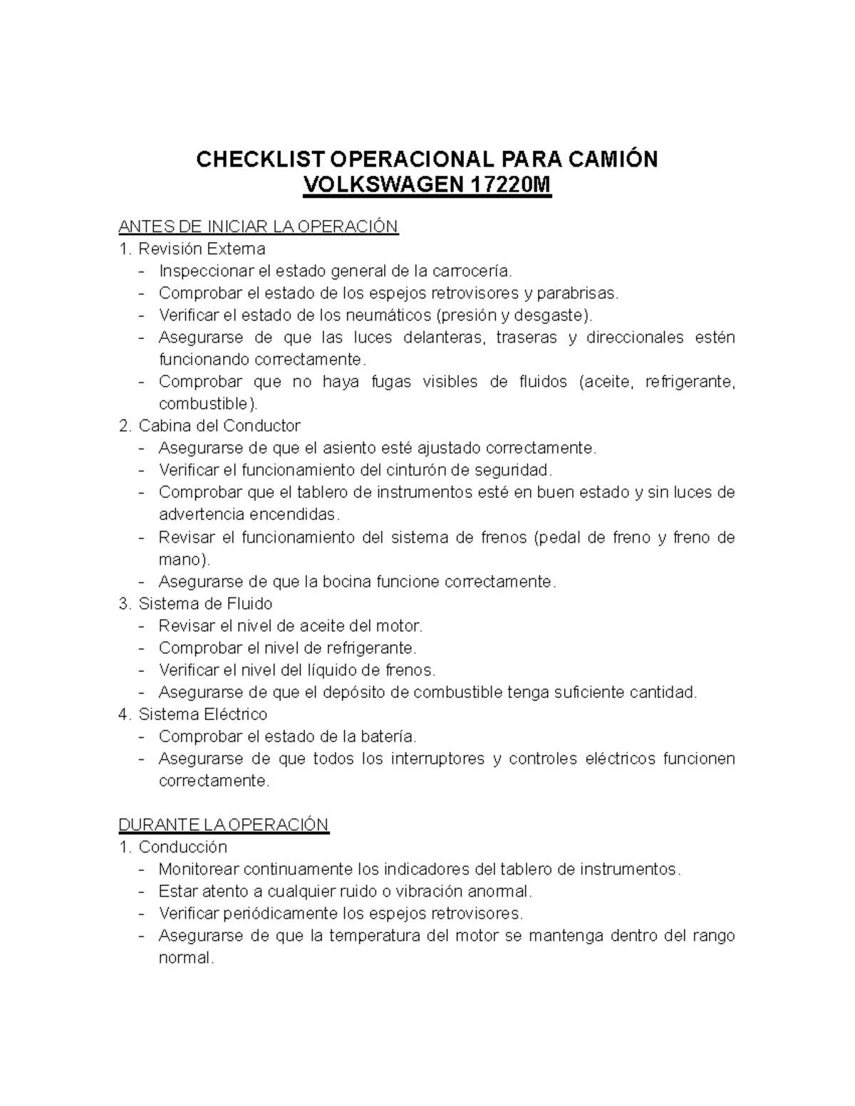 Checklist Operacional Camión VW 17220M Antes de la Operación - Studocu