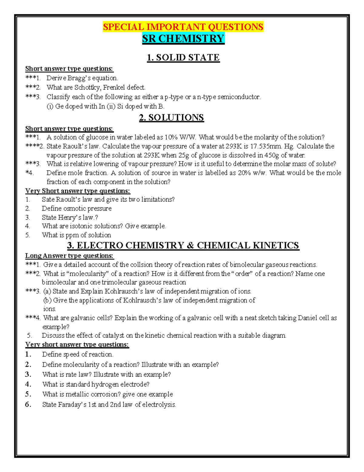 SR Chemistry Special Important Questions: Key Concepts & Short Answers ...