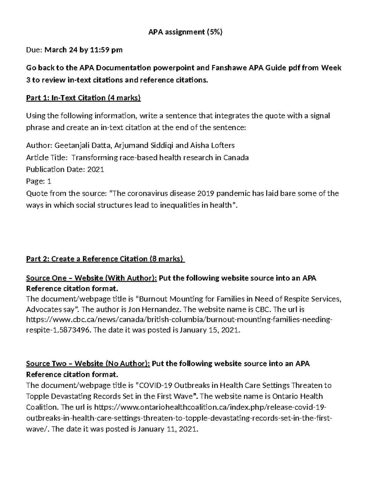APA Citation Assignment - APA assignment (5%) Due: March 24 by 11:59 pm ...