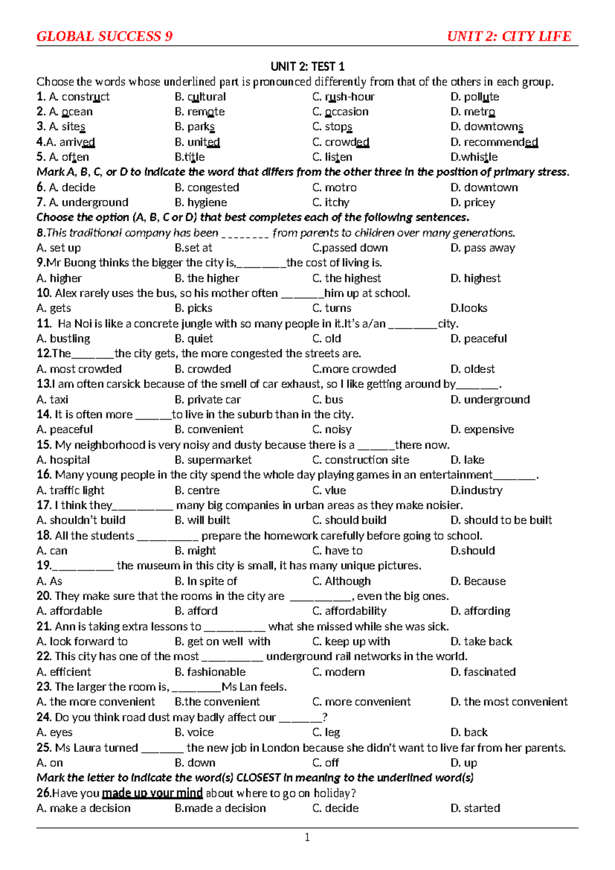 Bài Tập Bổ Trợ Global Success 9 - UNIT 2: Practice Test and Answers ...