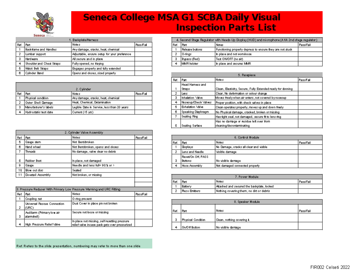 MSA G1 SCBA Daily Inspection Parts List and Notes - Studocu
