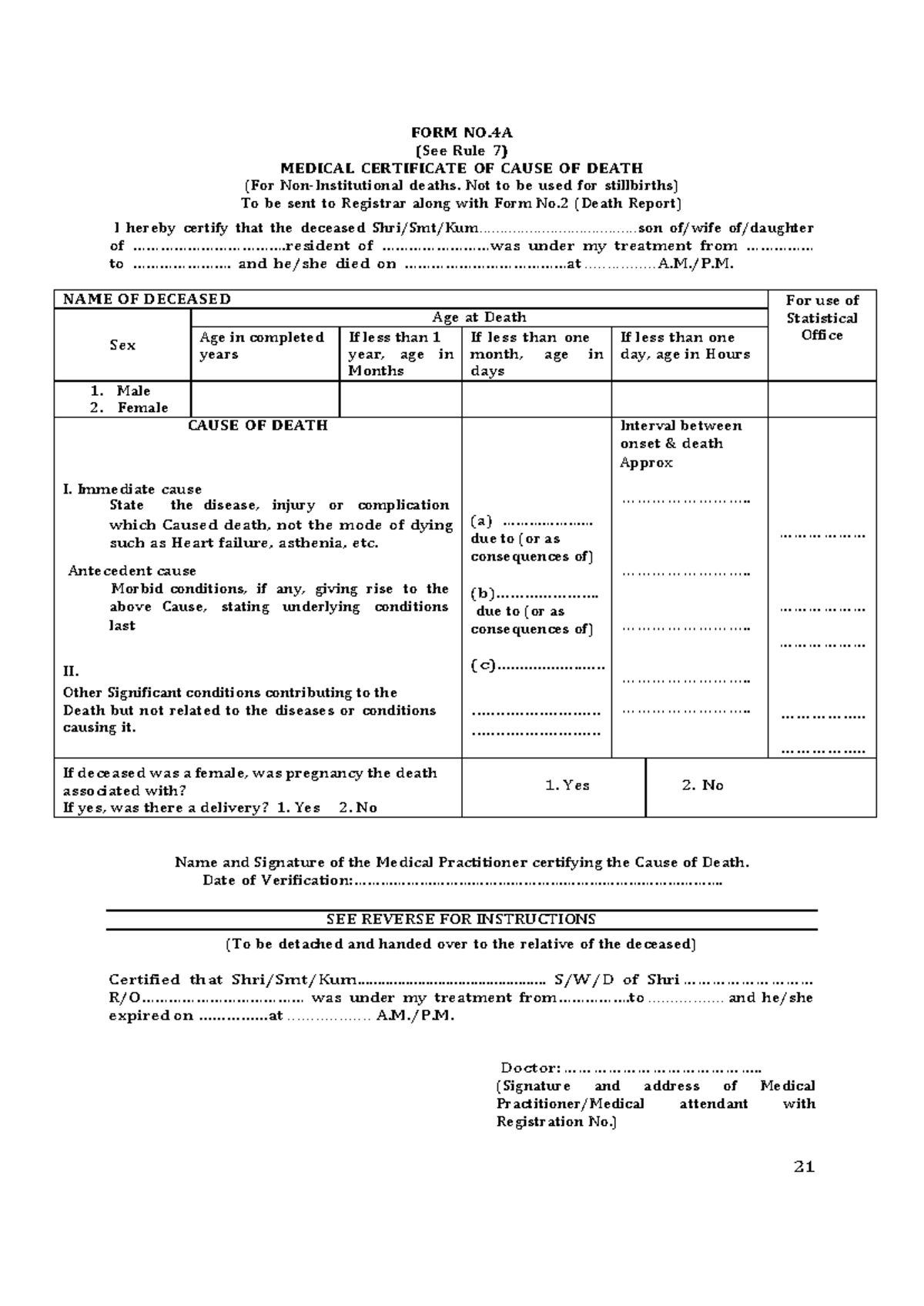 Form4A - Fmt medical certificate of death - 21 FORM NO (See Rule 7 ...