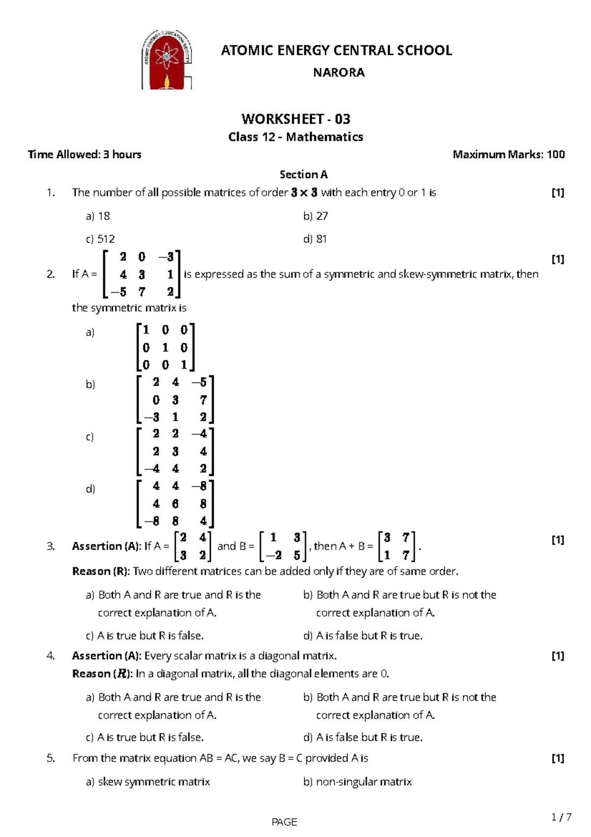 Class 12 Mathematics Practice Questions Worksheet 03 - Studocu