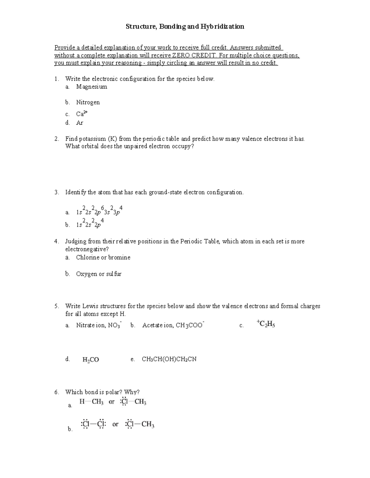 Structure, Bonding, and Hybridization: Detailed Study Guide for CHEM ...