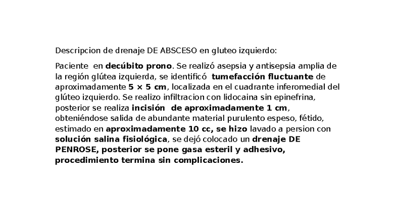 Descripcion de drenaje DE Absceso en gluteo izquierdo - Descripcion de ...