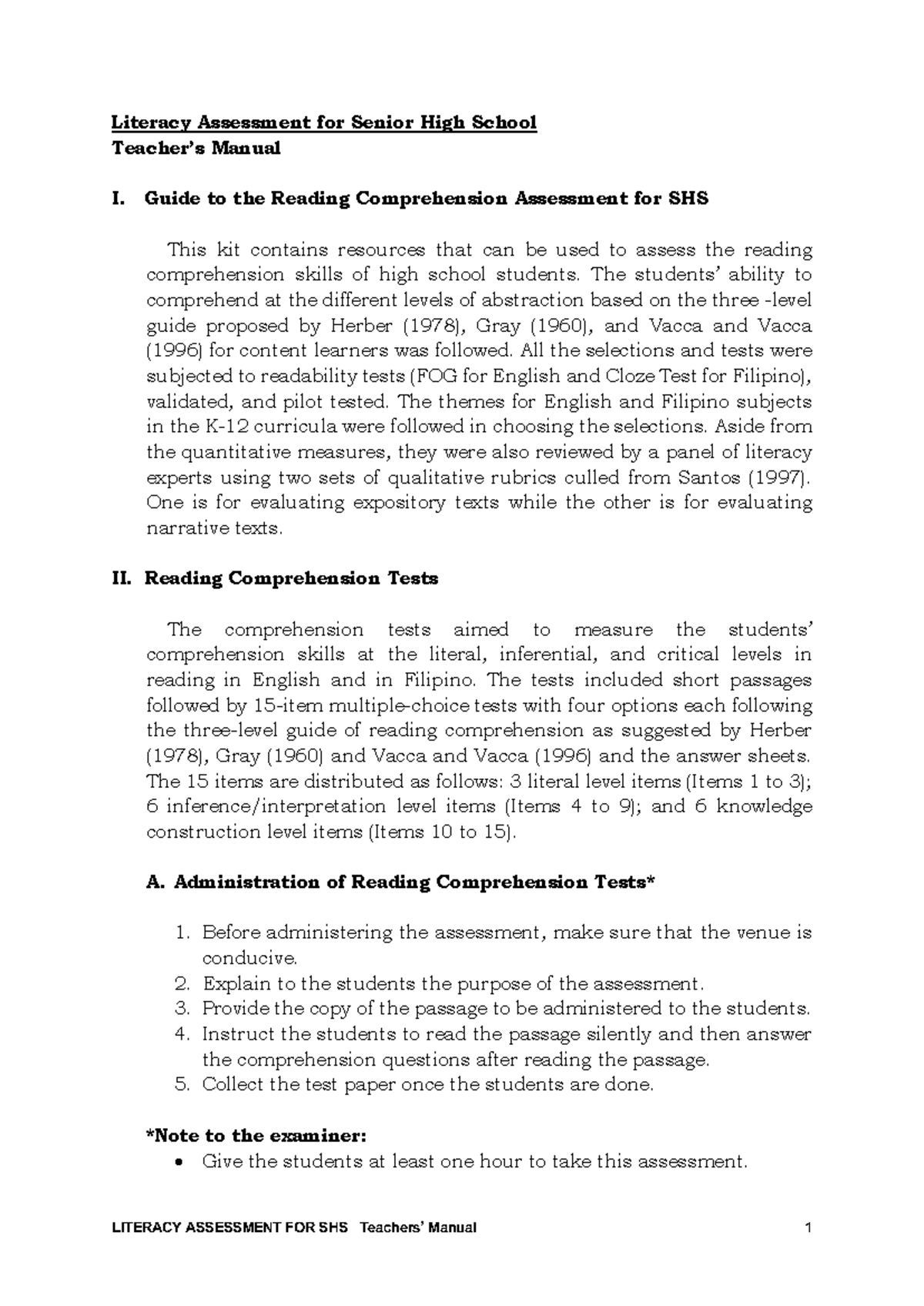 Literacy Assessment for SHS: Teachers' Manual on Reading Comprehension ...