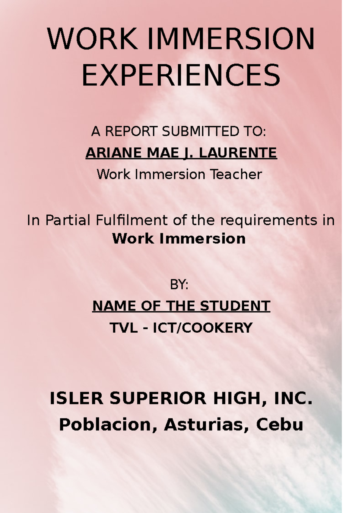 TVL - ICT/COOKERY Work Immersion Portfolio Report 1 - Studocu