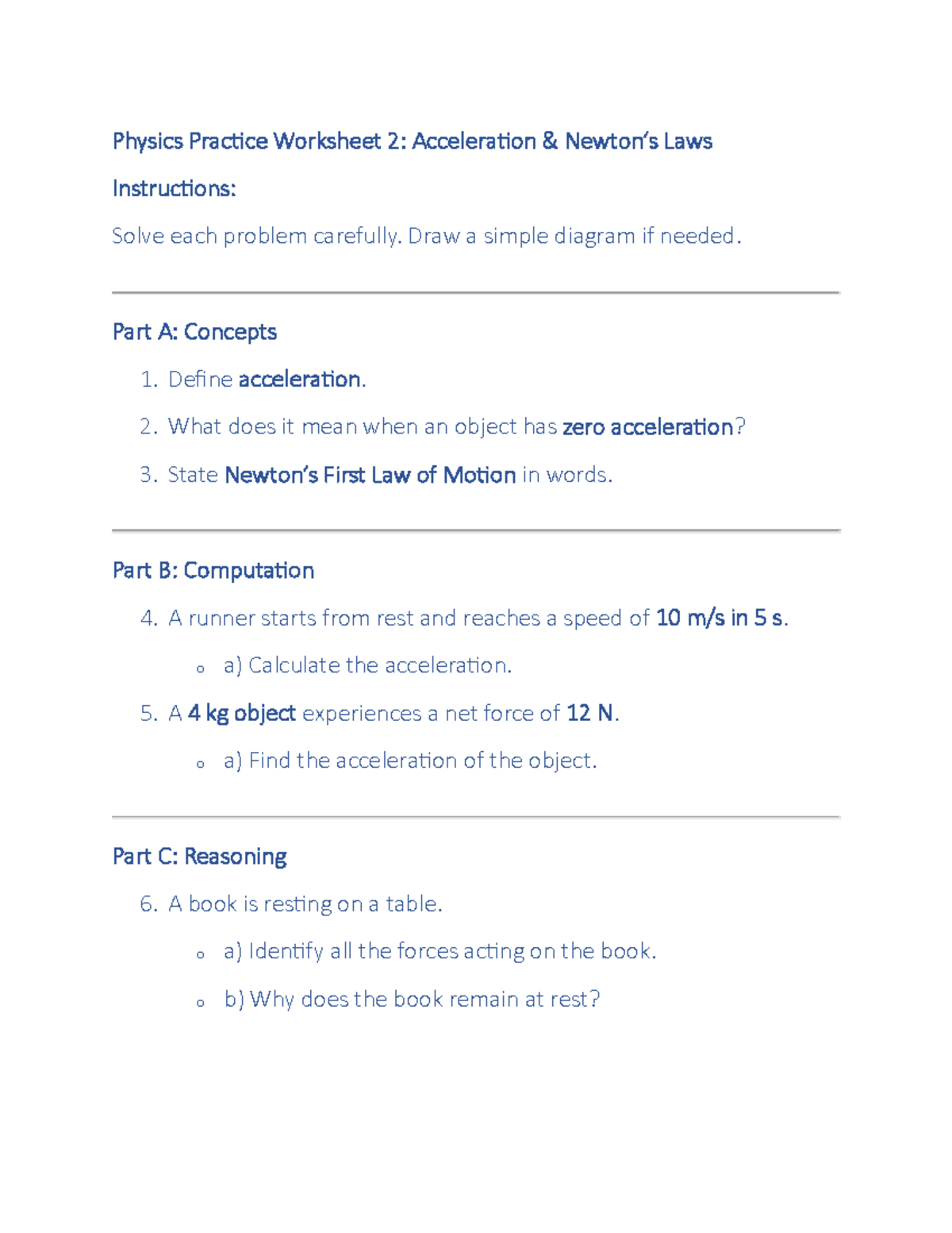 Physics Practice Worksheet 2: Understanding Acceleration Laws - Studocu