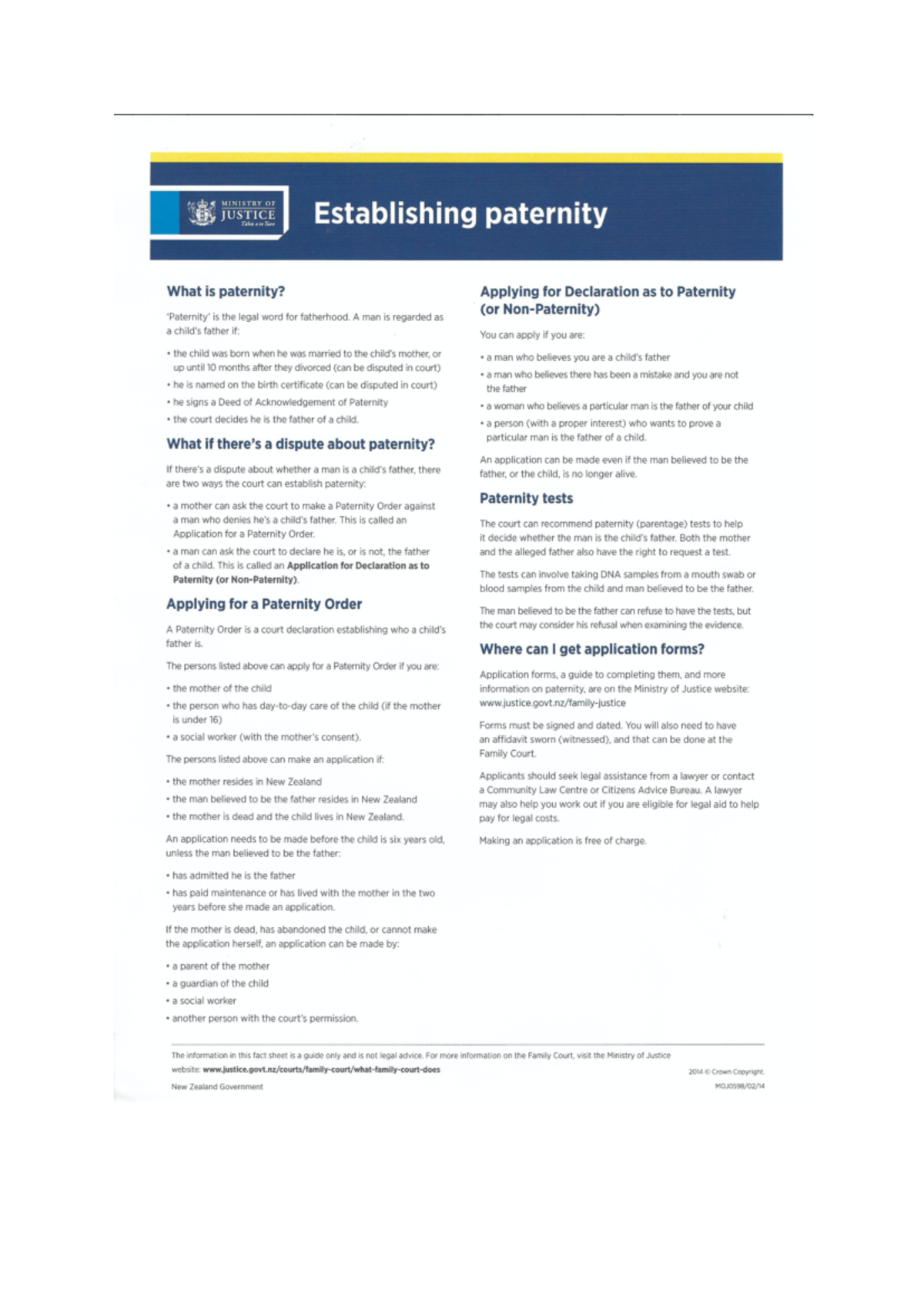 Establishing paternity - ministry of justice - Family Law - Studocu