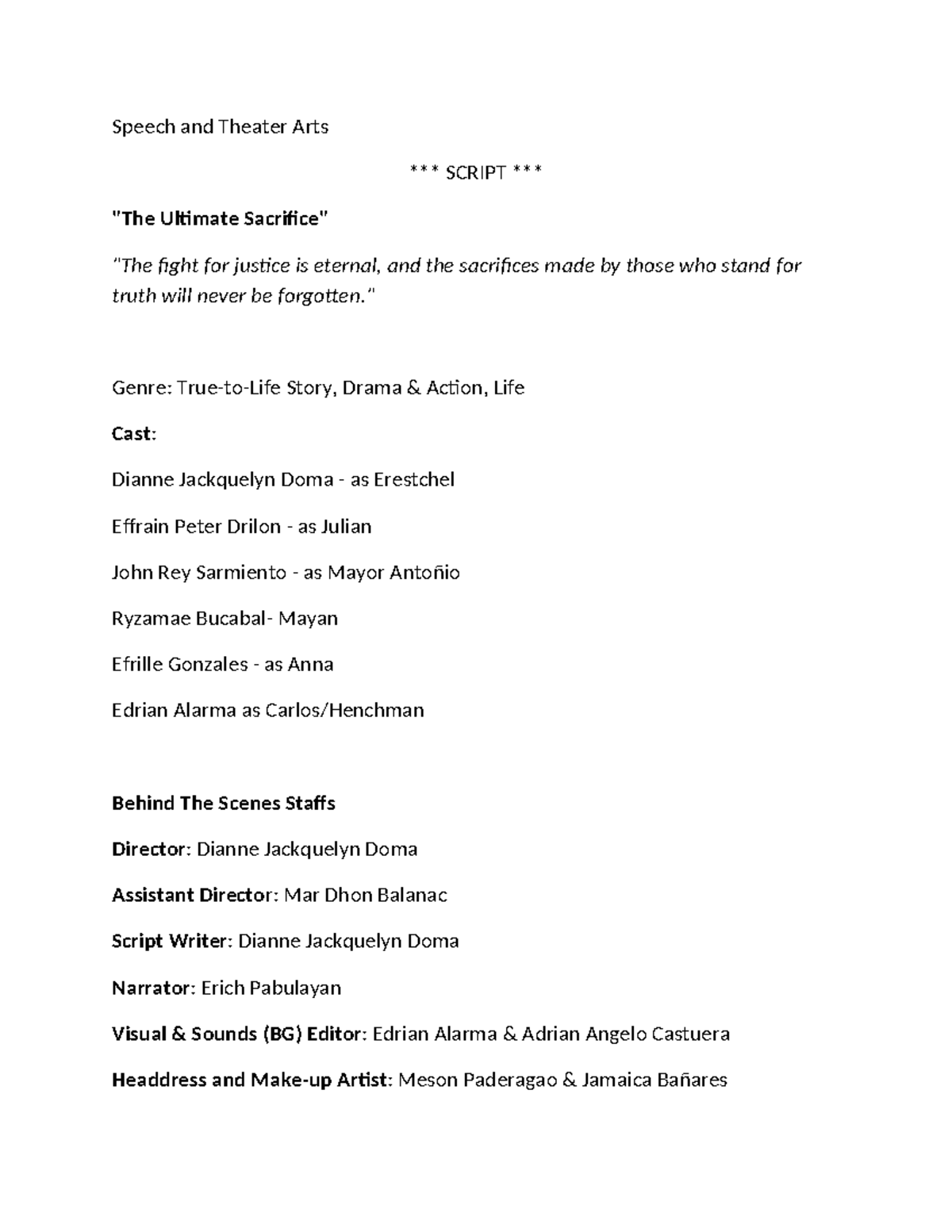 The Ultimate Sacrifice Script - Speech and Theater Arts *** SCRIPT ...