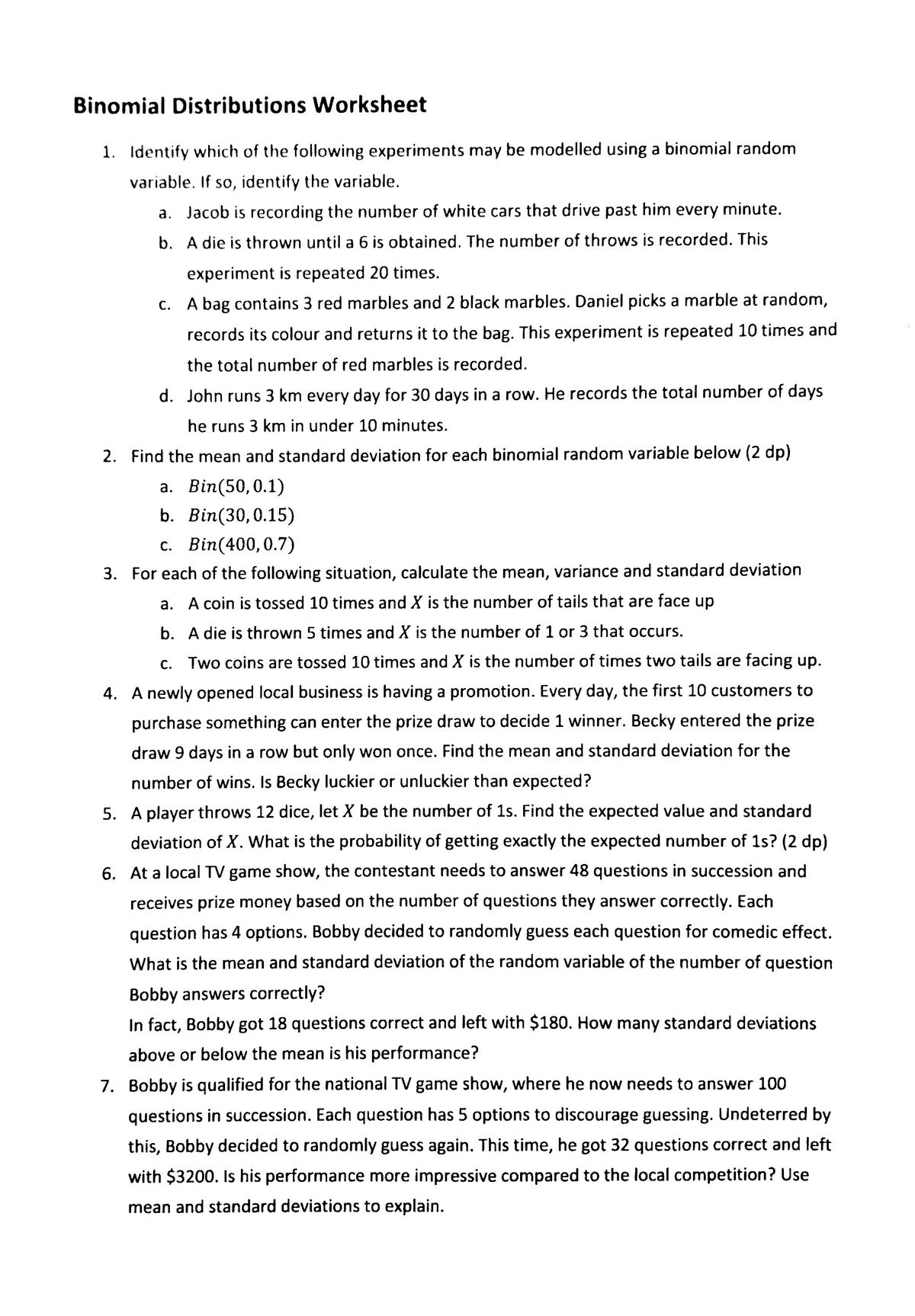 Binomial Distribution Questions Worksheet 1 - Studocu