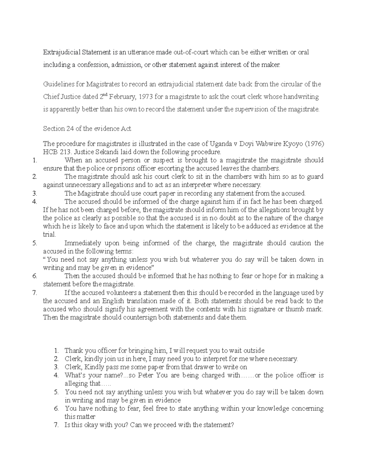 Extrajudicial Statements & Guidelines under the Evidence Act - Studocu