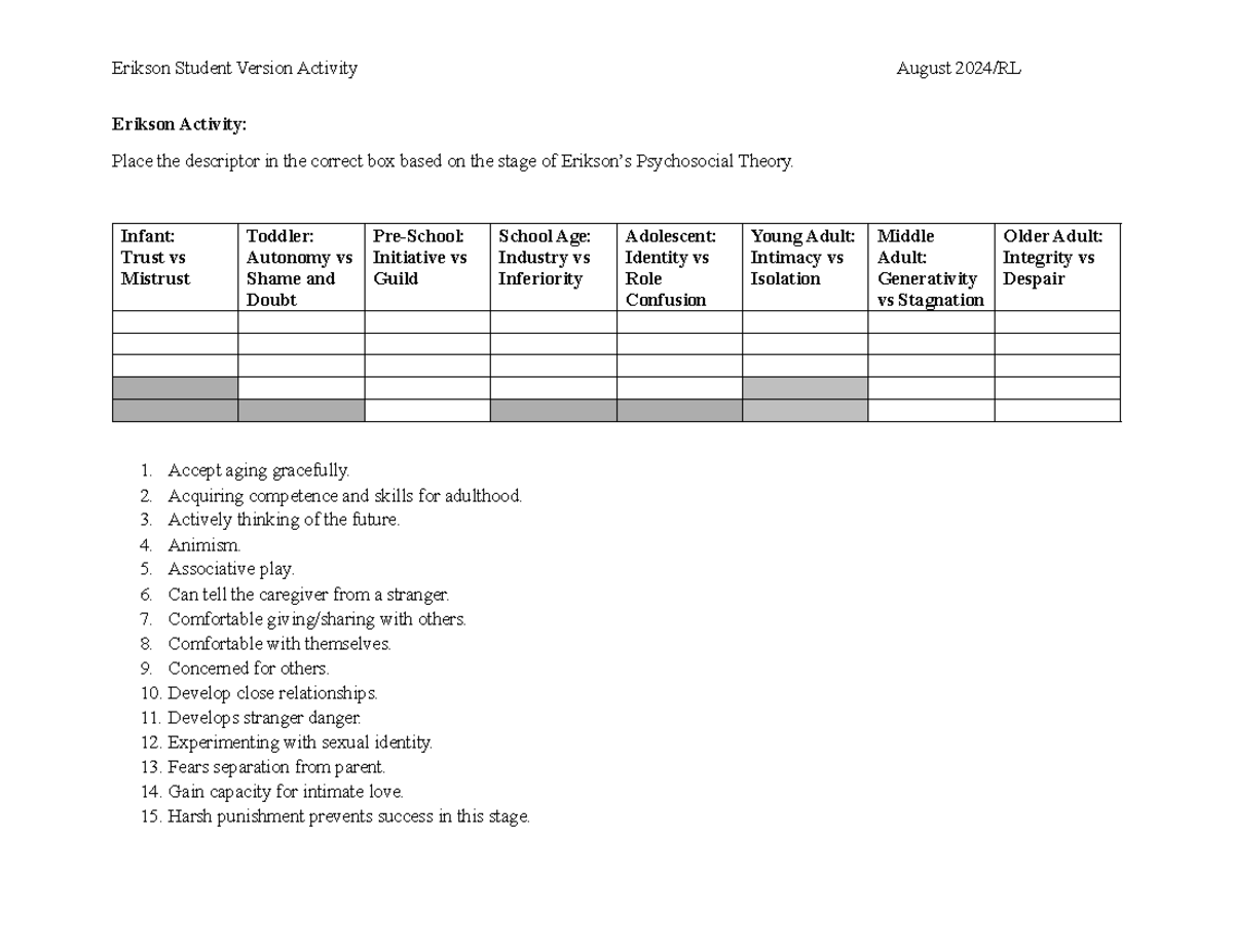 Erikson student activity with examples August 2024 - Erikson Student ...