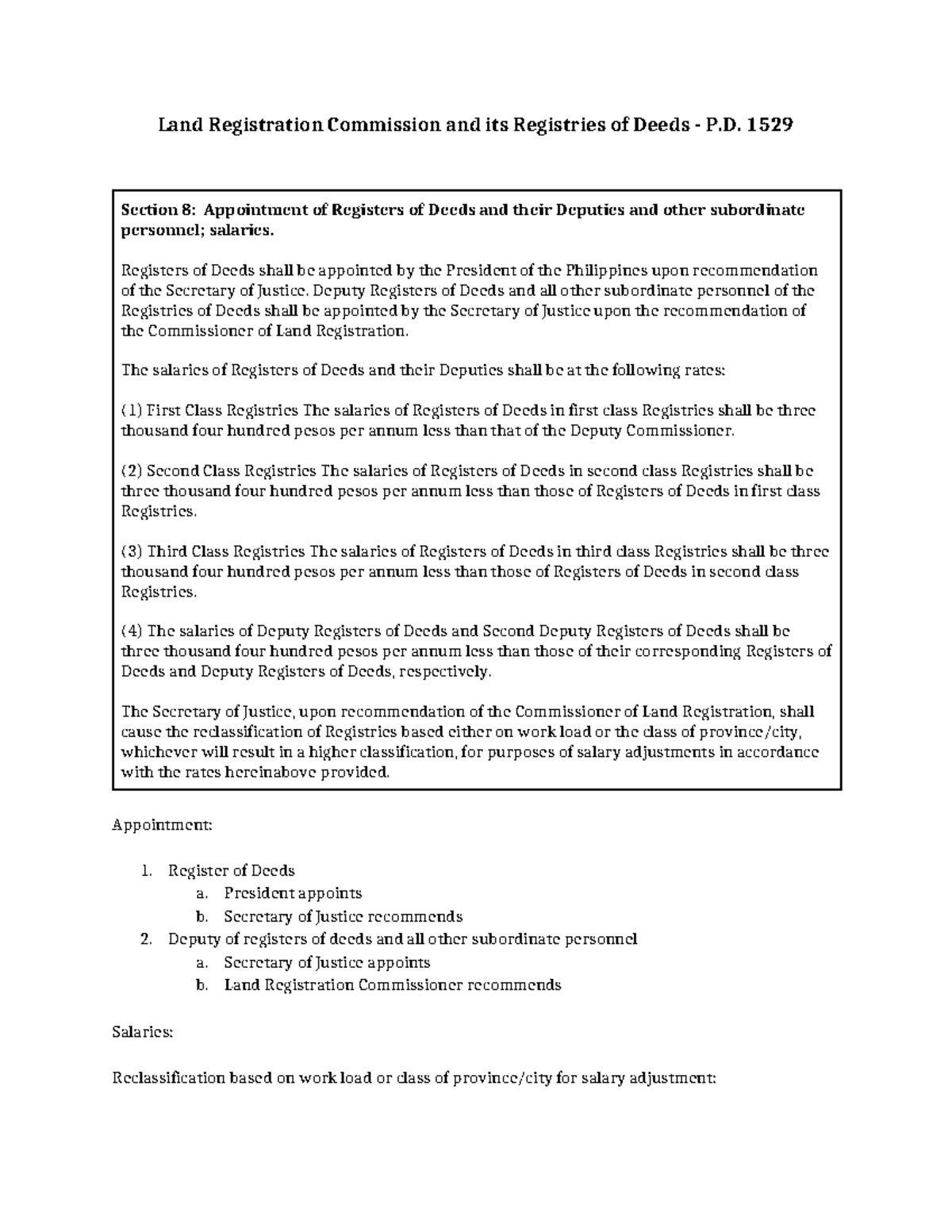Notes on Land Registration Commission & Registers of Deeds (PD 1529 ...