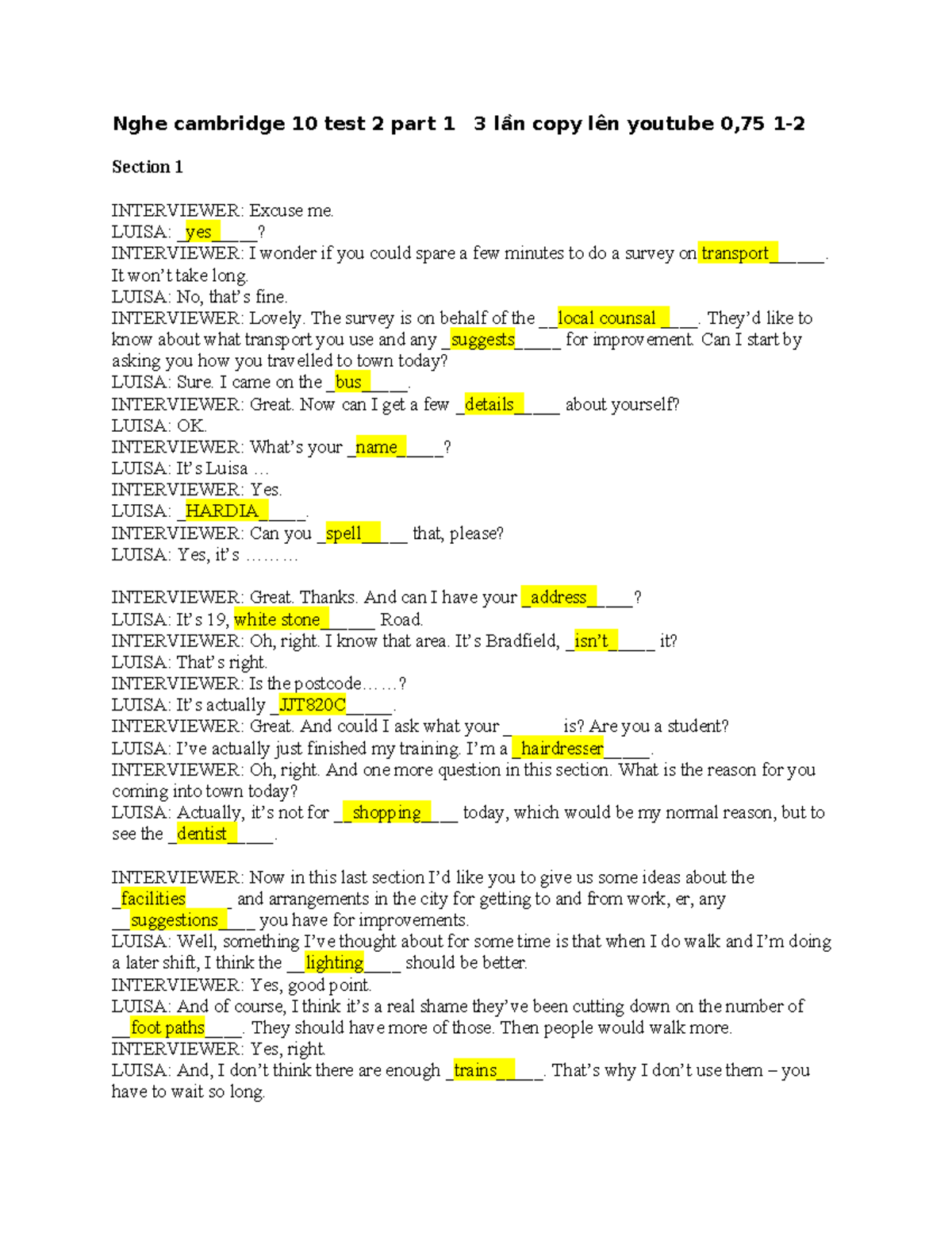 Cambridge 10 Test 2 Listening Section 1 Transcript - Studocu