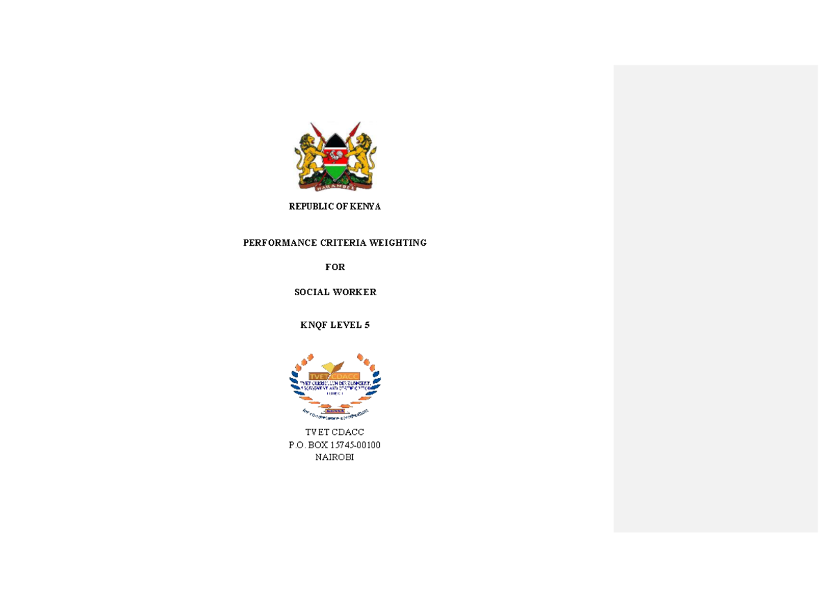 PC Weighting for Social Worker Level 5 - Training Guide (TVET) - Studocu