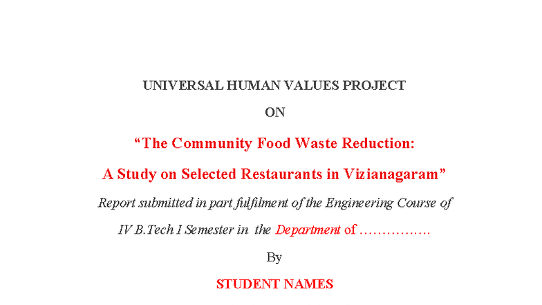 UHV Project: Community Food Waste Reduction Study in Restaurants - Studocu