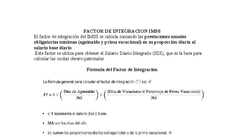 Cálculo del Factor de Integración IMSS y Salario Diario Integrado - Studocu