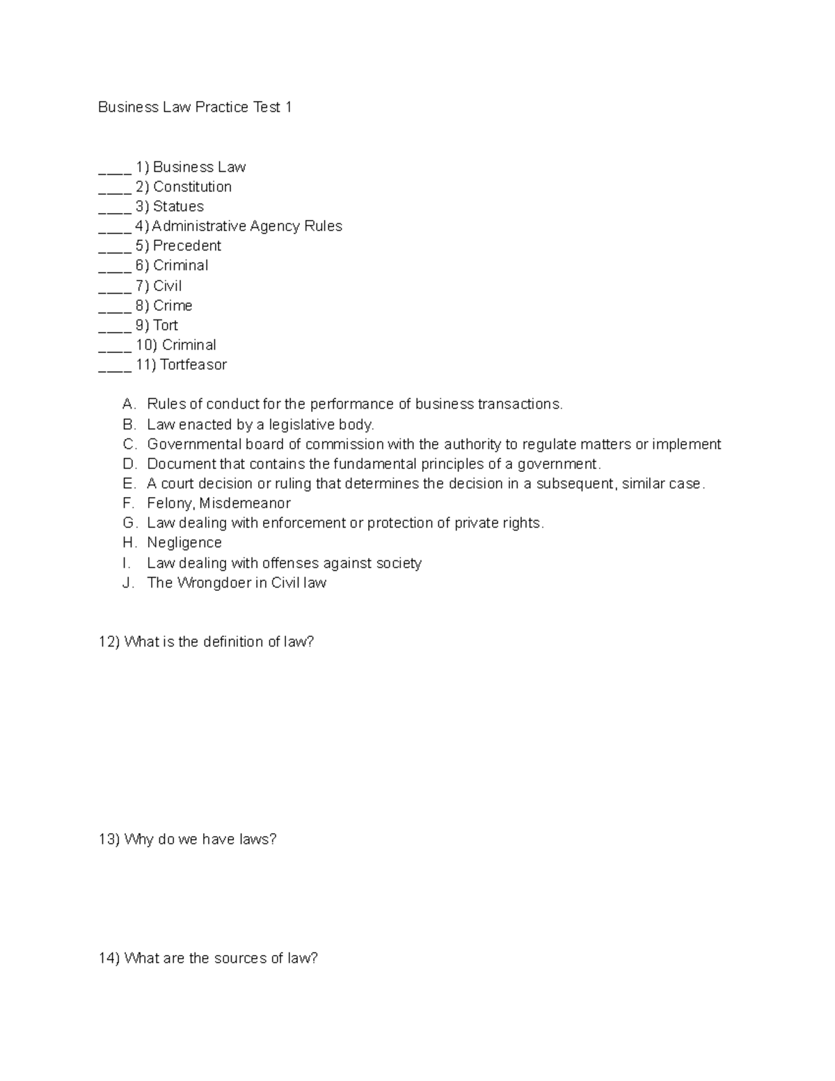 Business Law Practice Test 1: Key Concepts and Definitions - Studocu