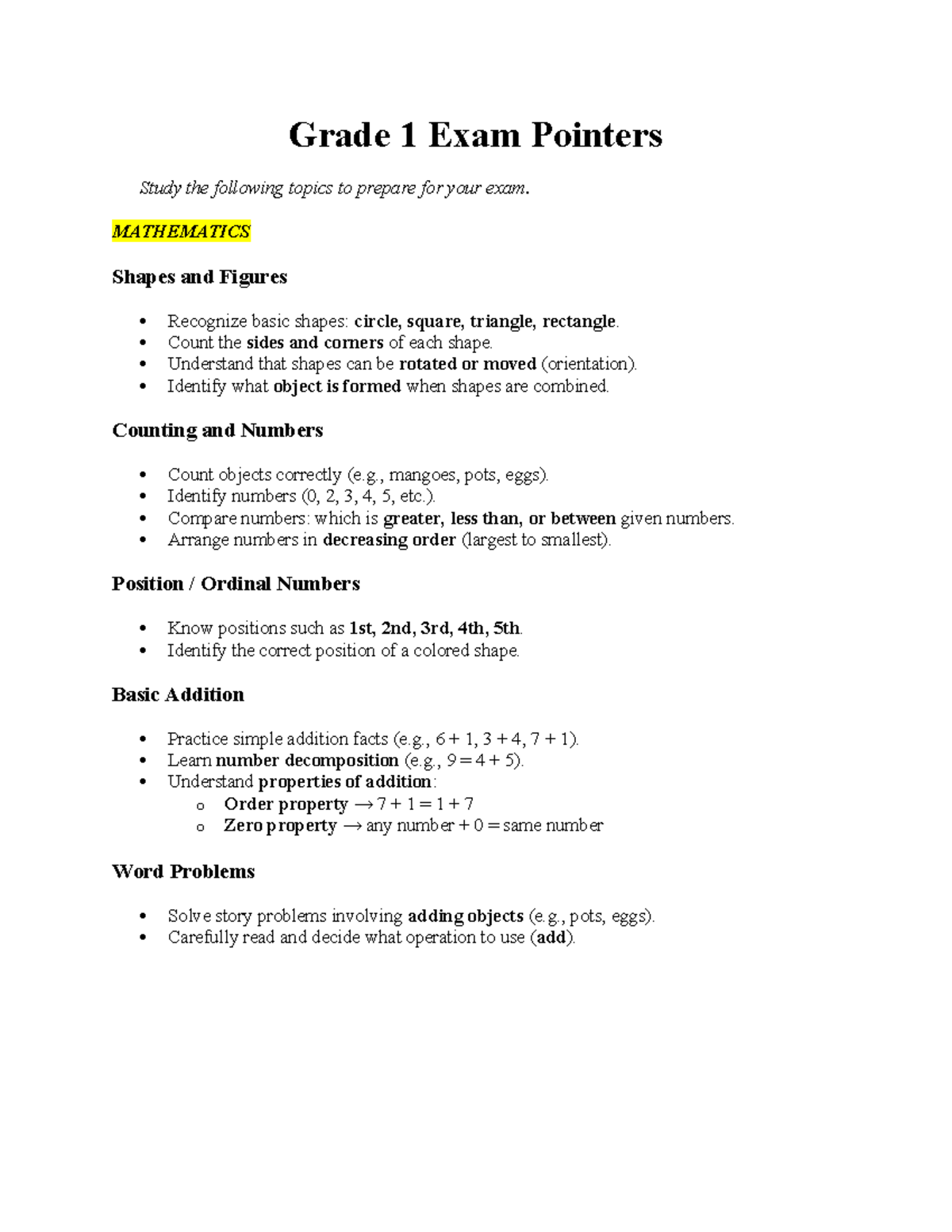 Grade 1 Exam Pointers (1st Grading) - Key Topics for Success - Studocu