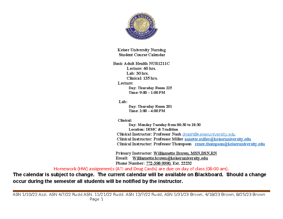 Keiser University ASN 2023 Cohort 32(2) Nursing Course Calendar - Studocu