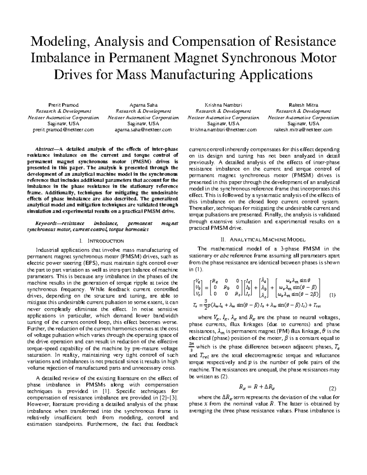 Modeling Resistance Imbalance in PMSM Drives: Analysis & Control ...