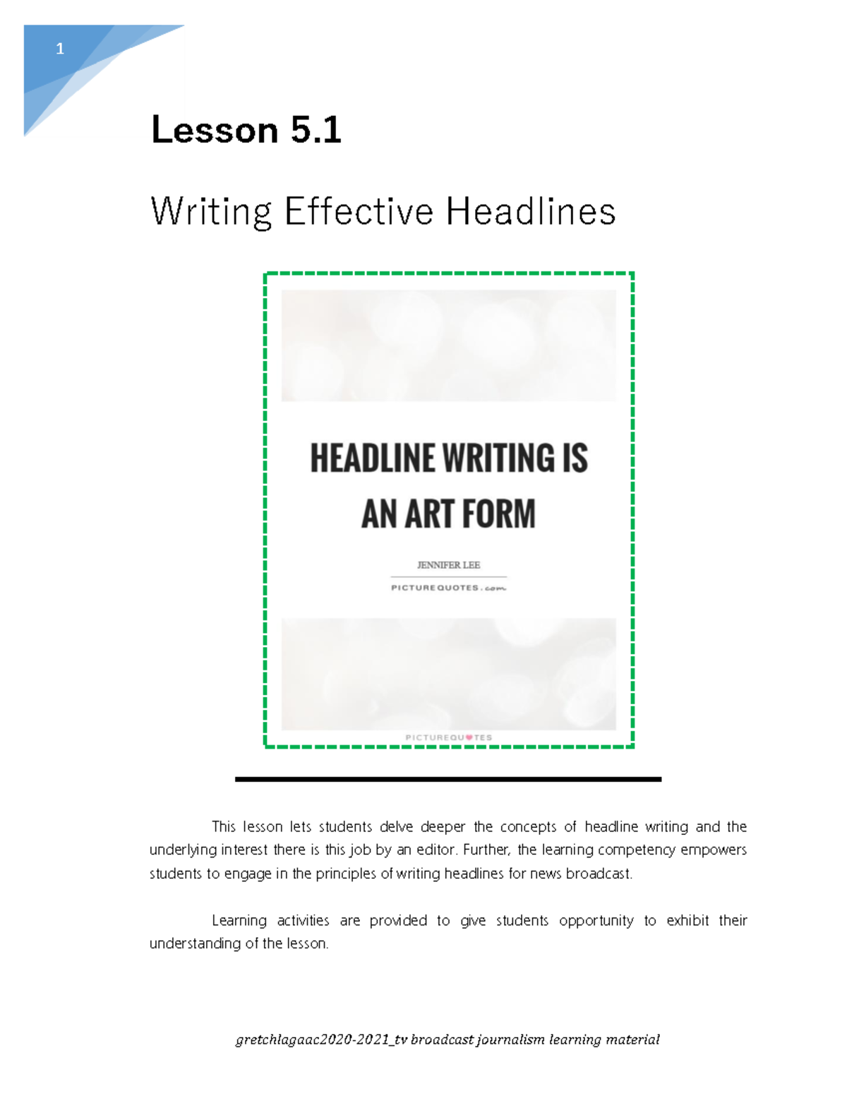 Lesson 5: Writing Effective Headlines for TV Broadcasting - Studocu
