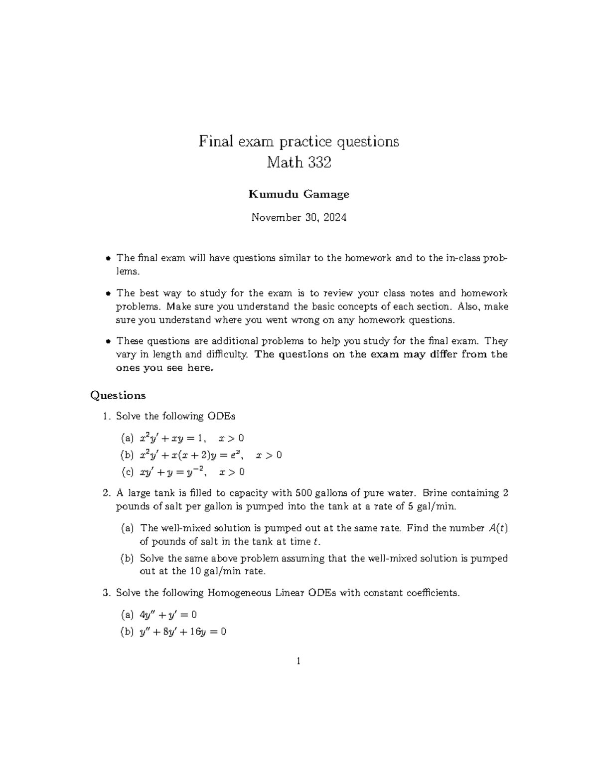Final Exam Practice Questions for Math 332: ODE Review - Studocu