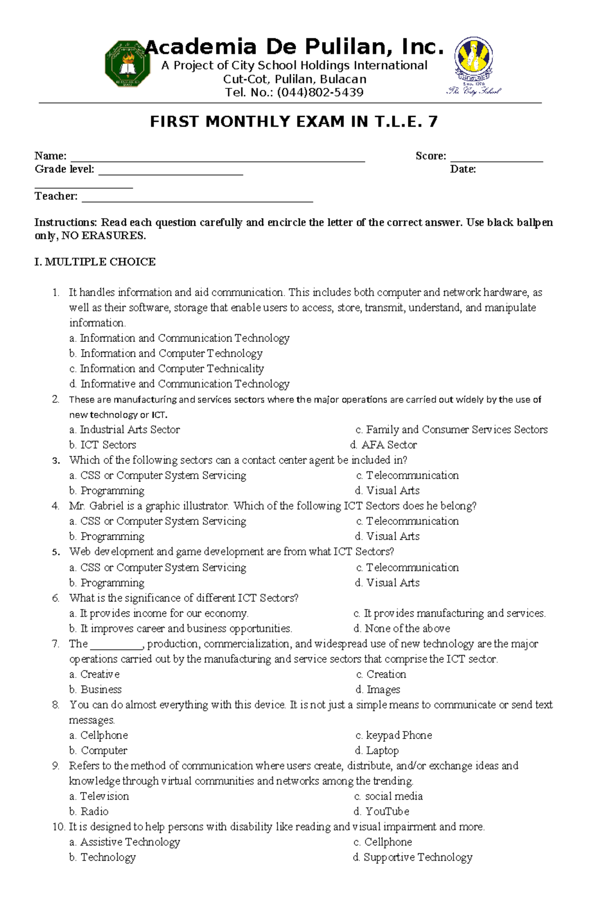 TEST- Paper Grade-7 Quarter-1 - Academia De Pulilan, Inc. A Project of ...