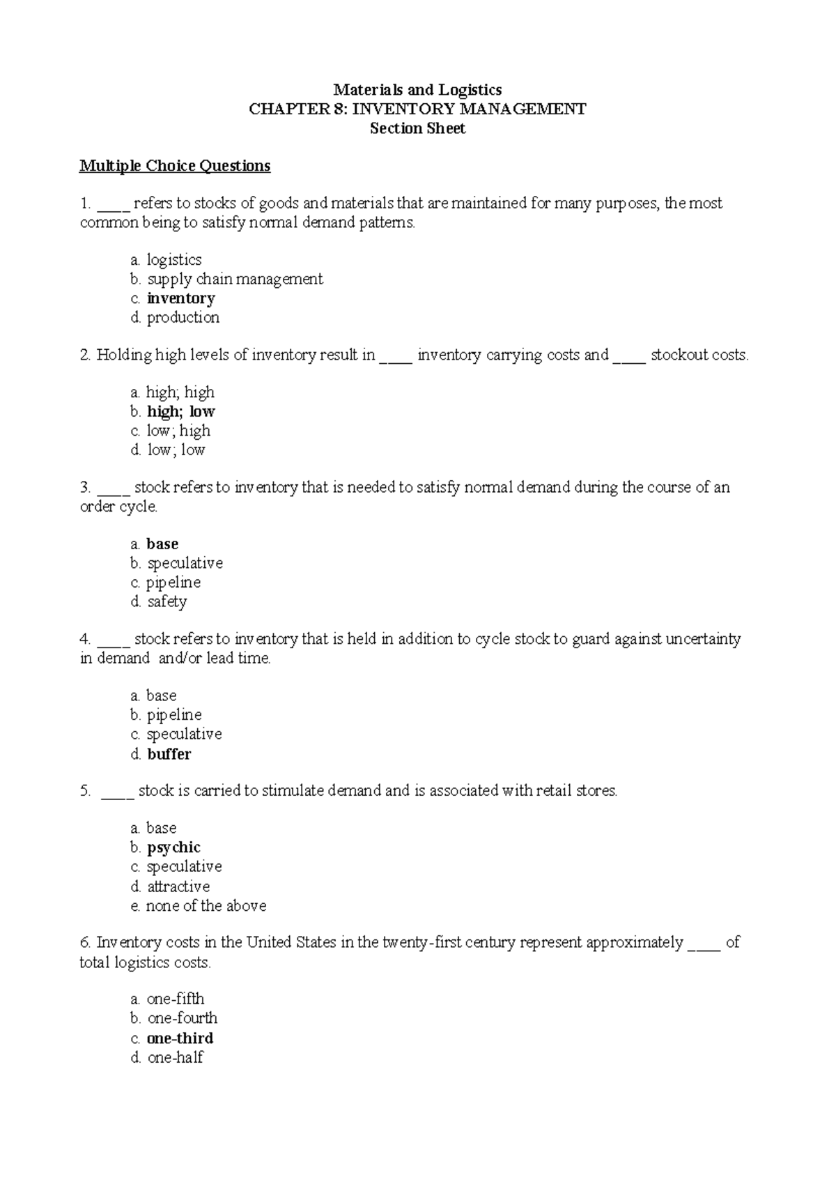 Materials and Logistics CH8: Inventory Management MCQ Answers - Studocu