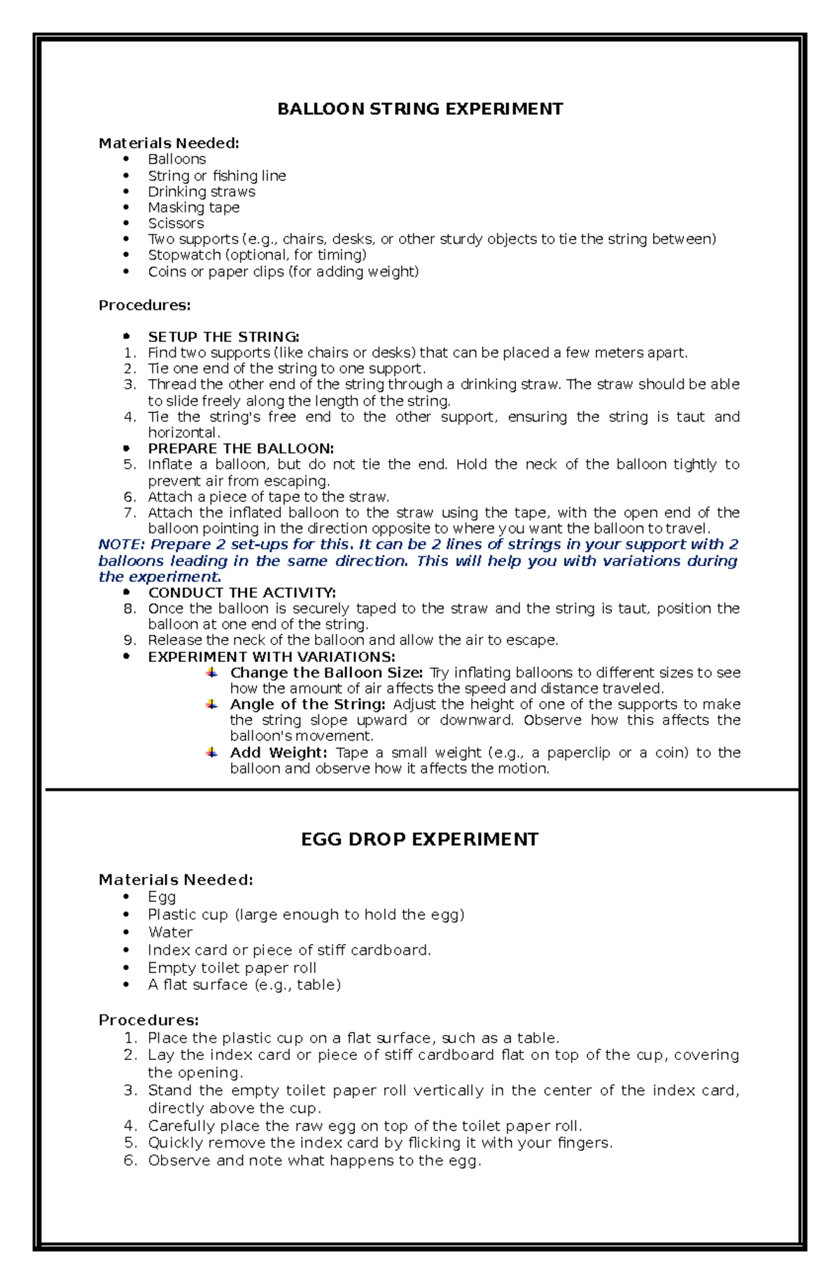 Experiment Worksheets: Balloon, Egg Drop, and Mechanics Activities ...