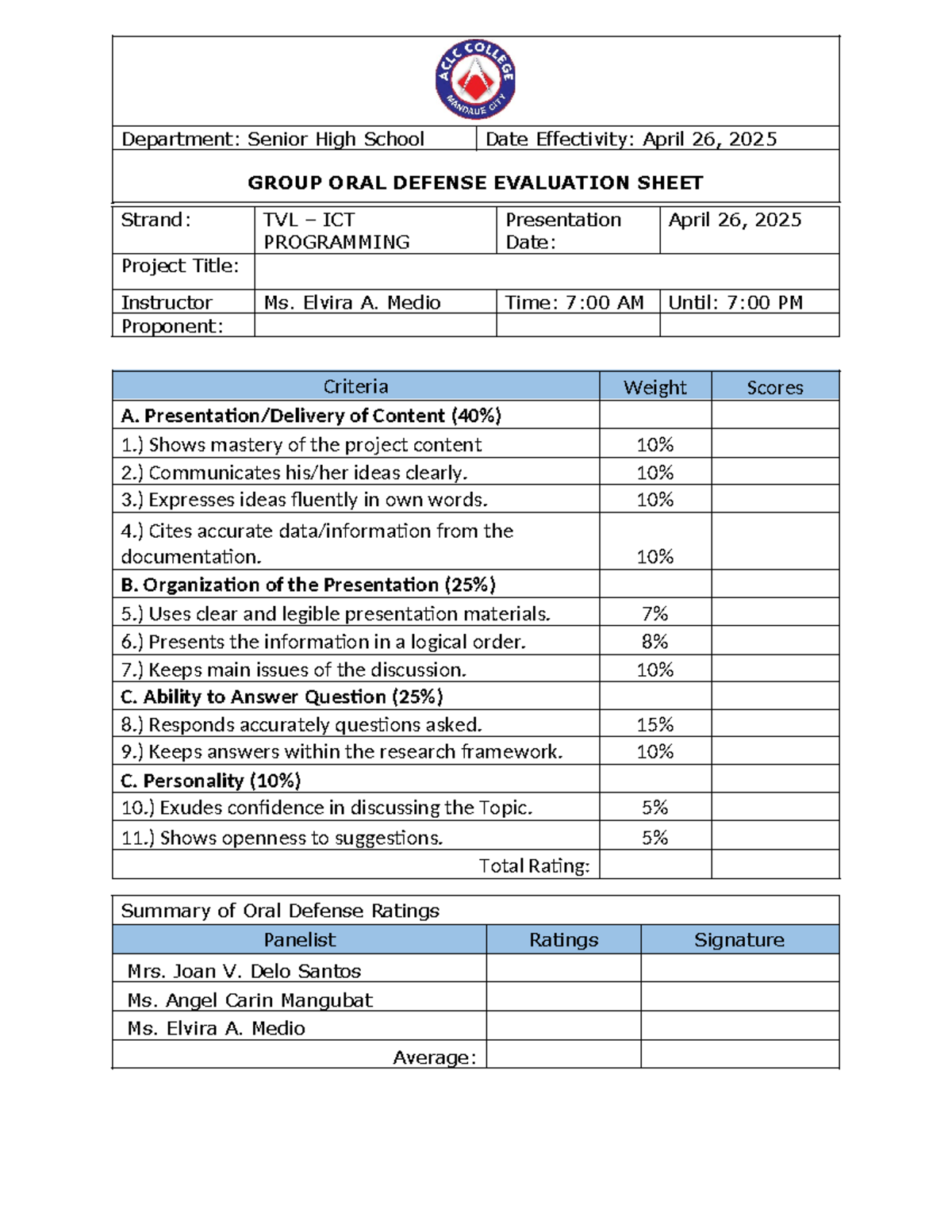TVL ICT PROGRAMMING Group Oral Defense Evaluation Sheet - Studocu