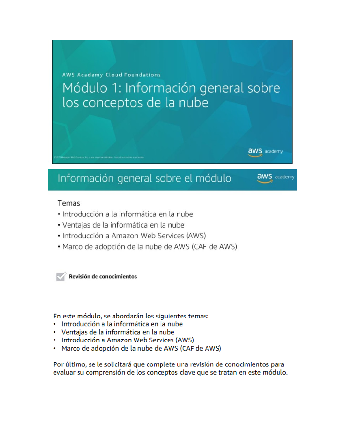 Modulos 1 2 3 cusos de sistemas - AWS Academy Cloud Foundations Módulo 1: Información general ...