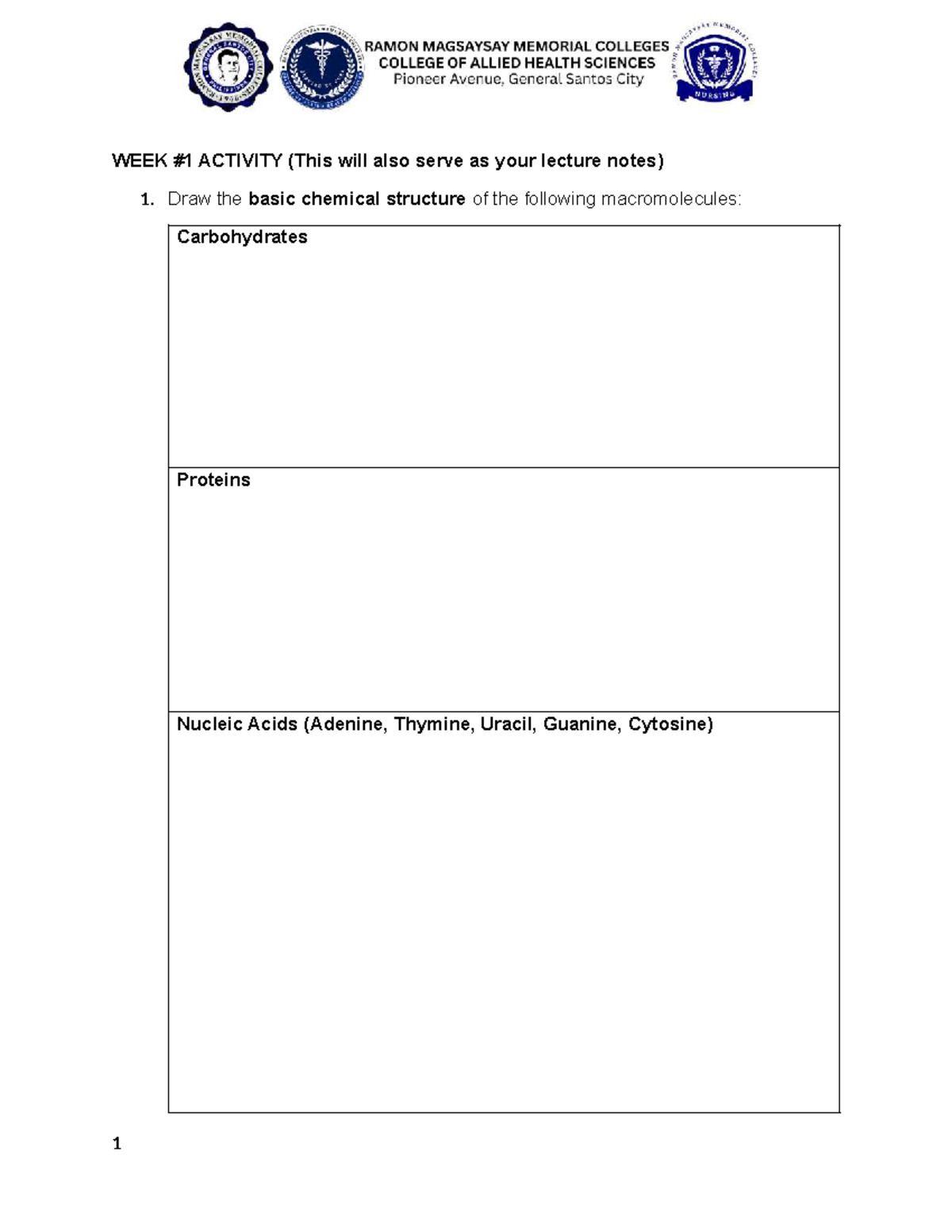 WEEK 1 Activity Notes - ASDAS: Macromolecules & Cell Cycle - Studocu