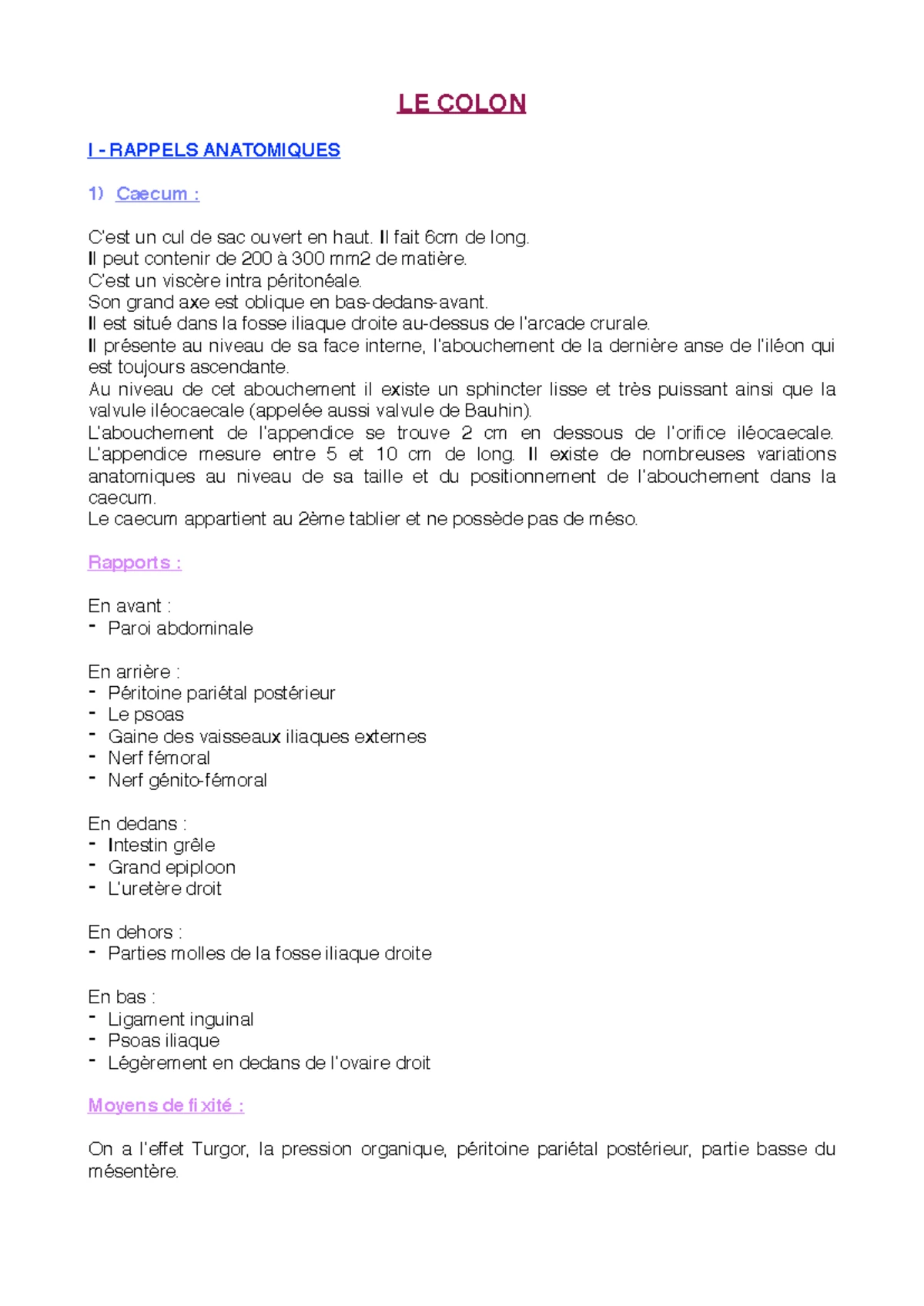 anatomie colon pratique - LE COLON I - RAPPELS ANATOMIQUES Caecum : C ...