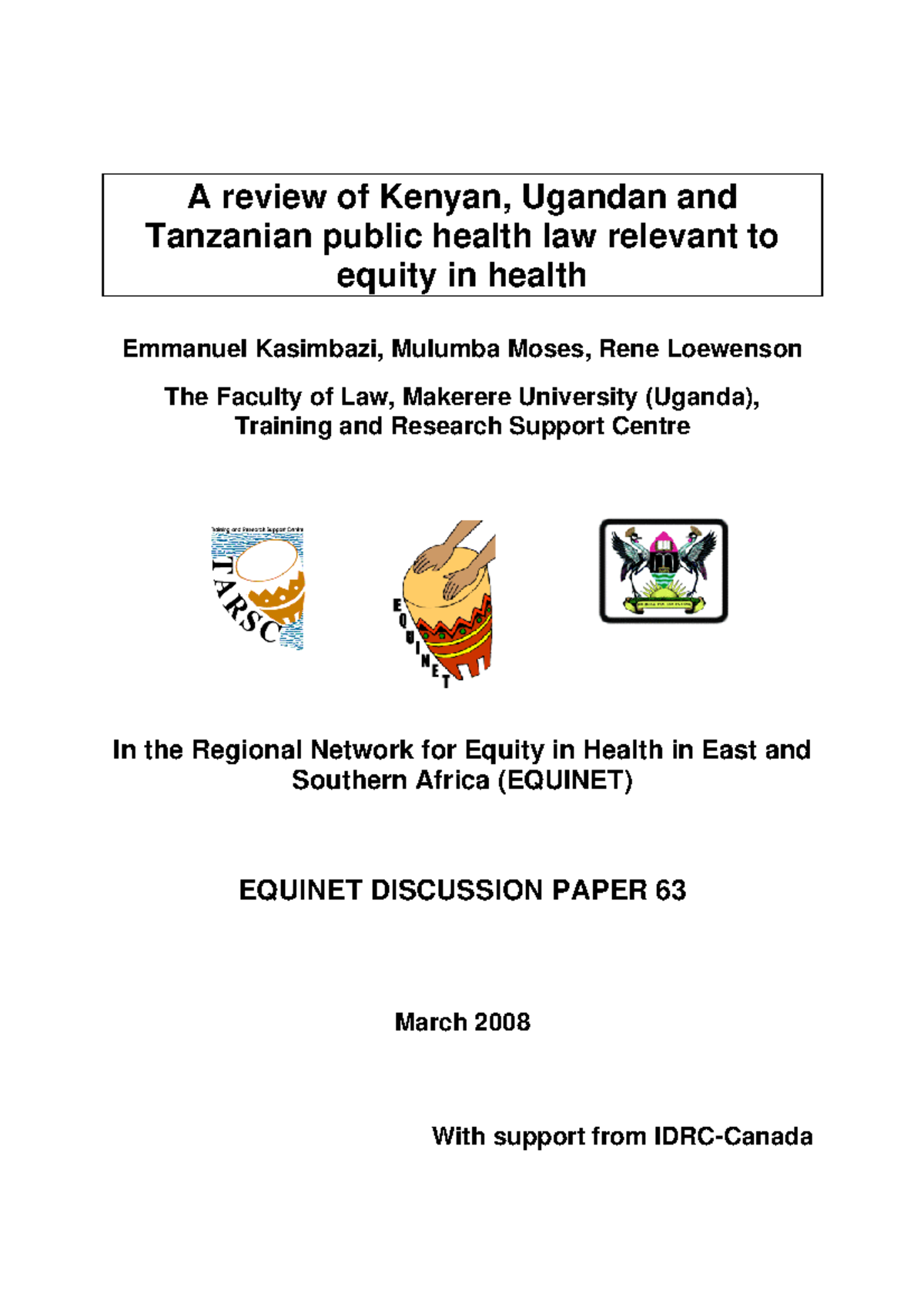 EQUINET Discussion Paper 63: Public Health Law in East Africa - Studocu