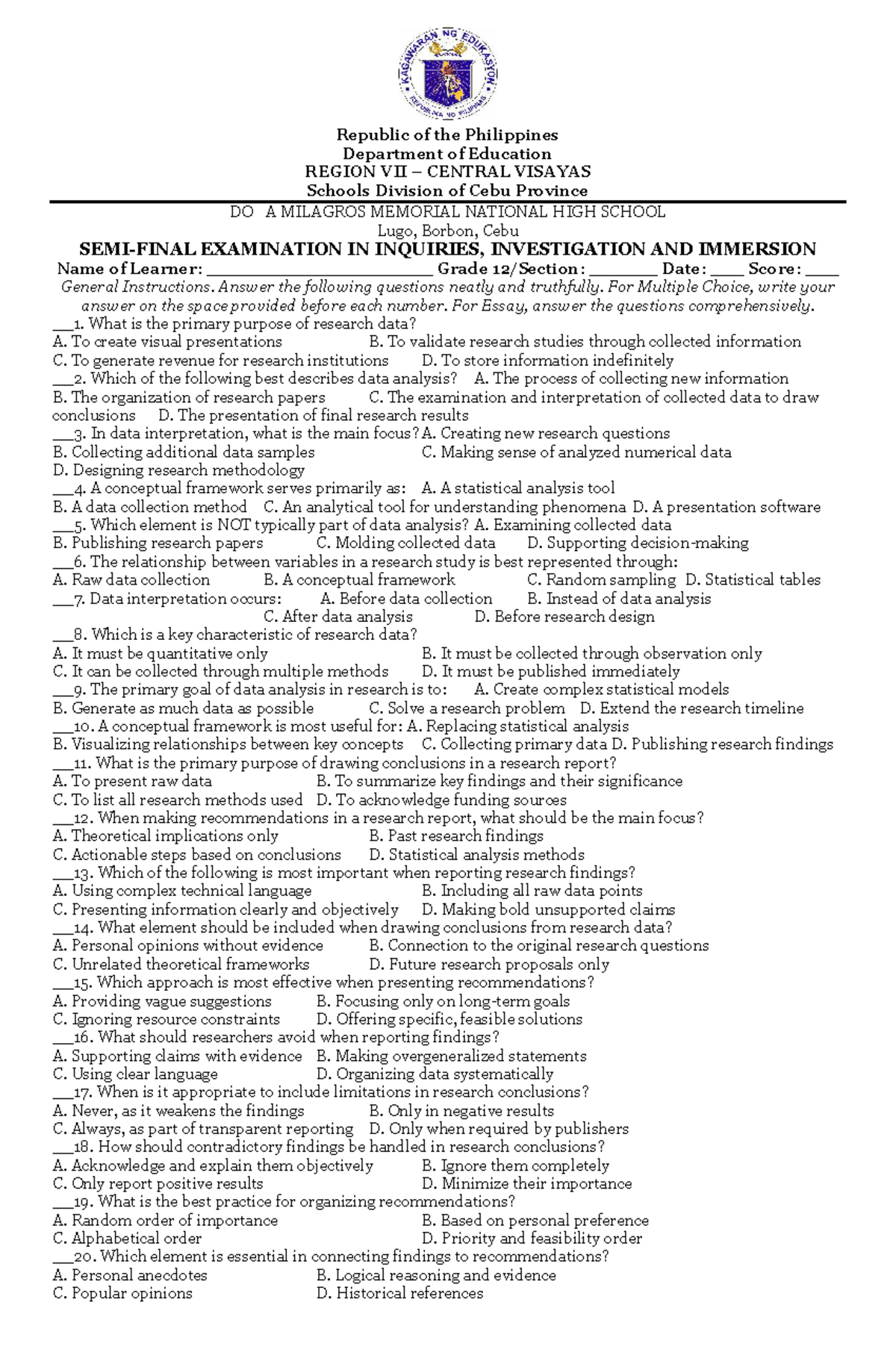 Semi-Final Exam: Research Inquiries & Data Analysis (Course Code: IV ...